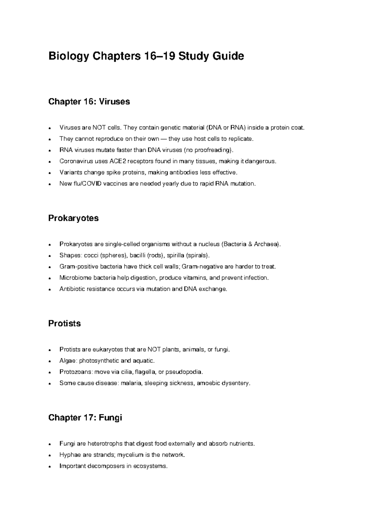 Biology Ch16-19 Study Guide: Viruses, Prokaryotes, and Fungi - Studocu