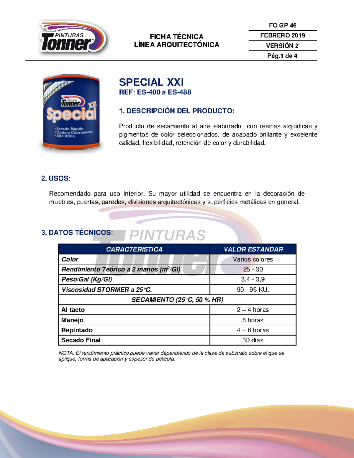 Ficha Técnica ES-400 a ES-488 de Pinturas Tonner - Febrero 2019 - Studocu