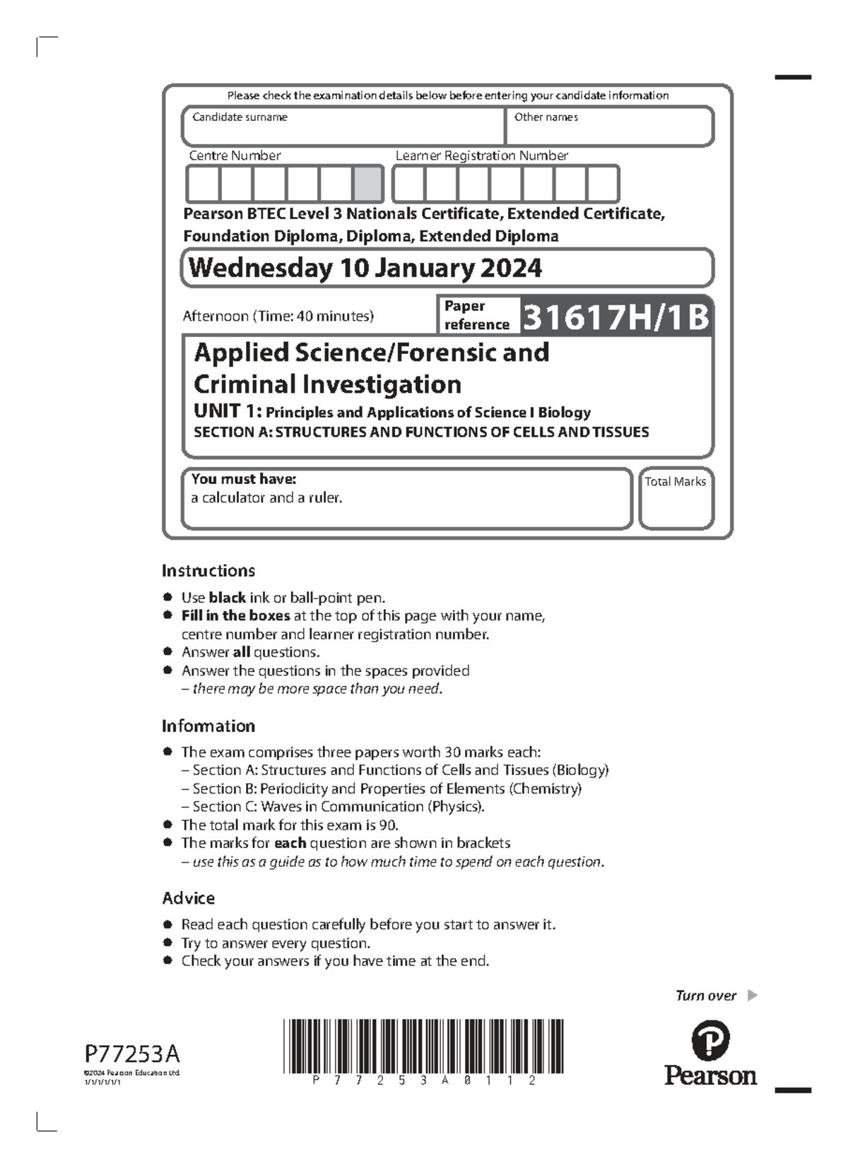BTEC Level 3 Biology Exam Paper - January 2024 (Unit 1) - Studocu