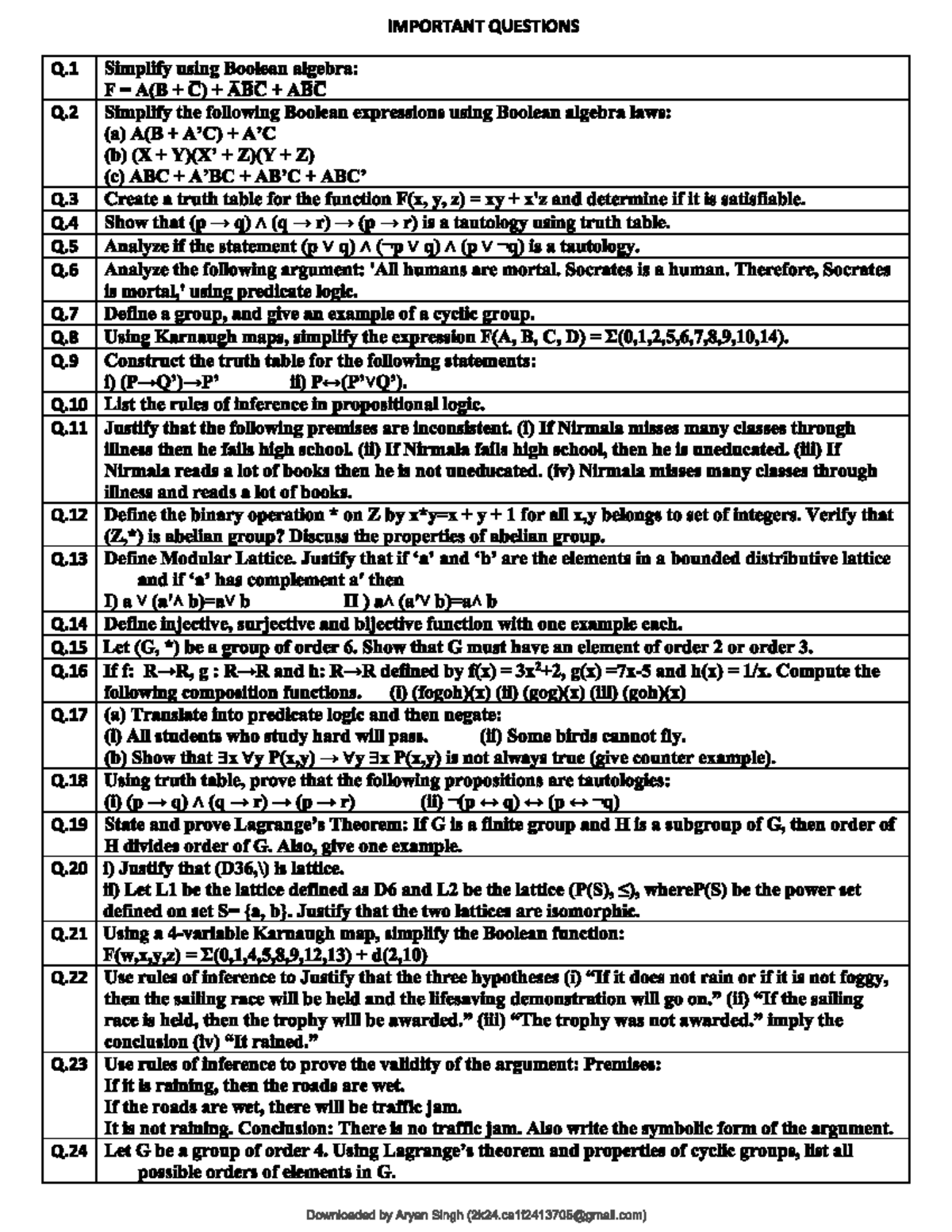 Discrete Imp Ques - Important Questions for Discrete Math (CS101) - Studocu