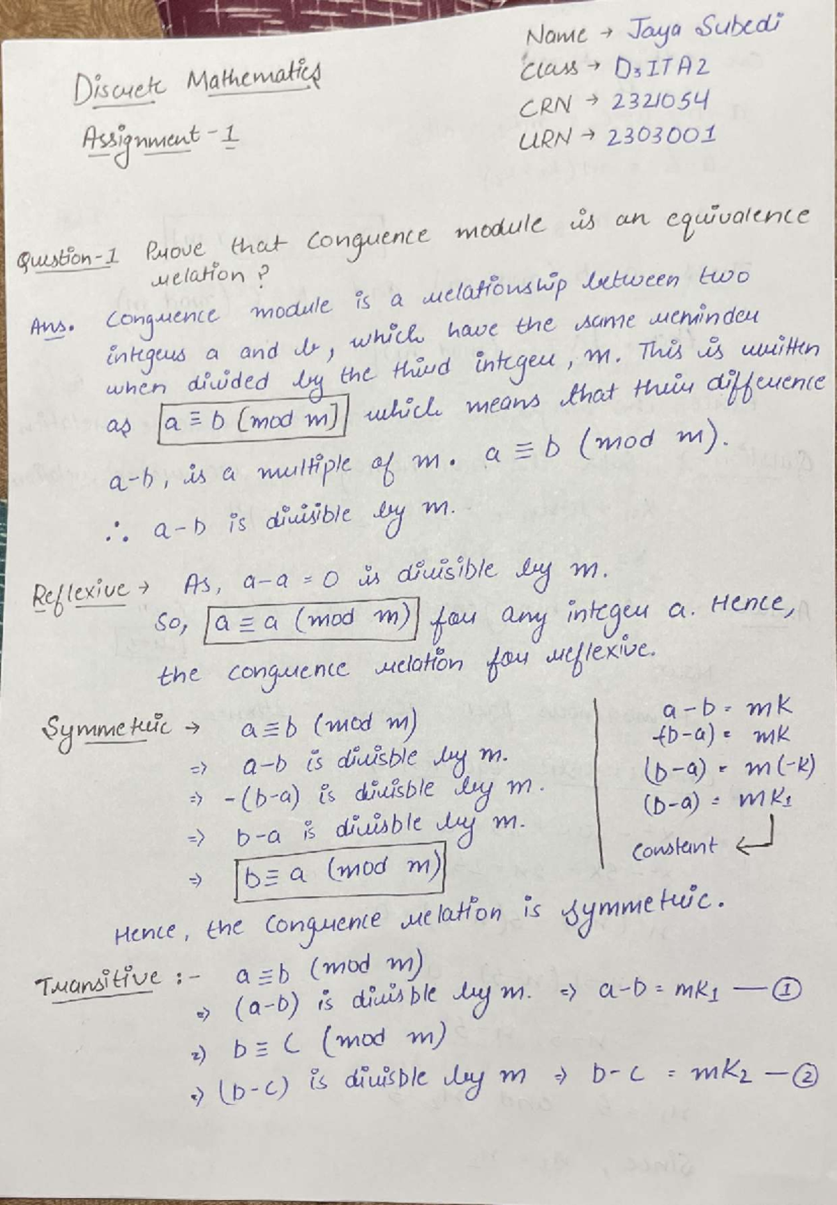 Discrete Mathematics D3ITA2 CRN 2321054: Equivalence Relation Proof ...