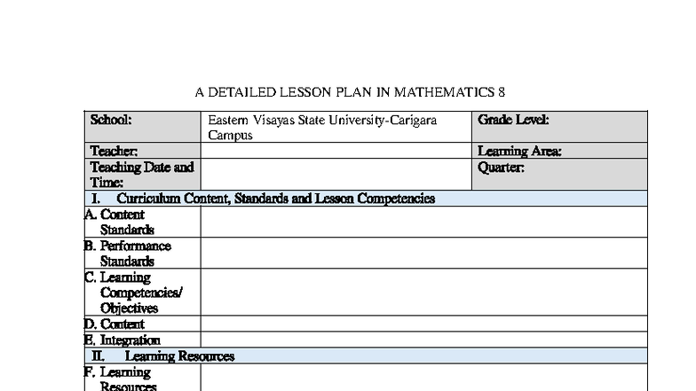 Detailed Lesson Plan for Mathematics 8 - Studocu