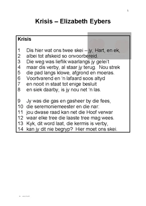 Afrikaans Notes: Paper 2 Term 4 - Short Stories & Poems Analysis - Studocu