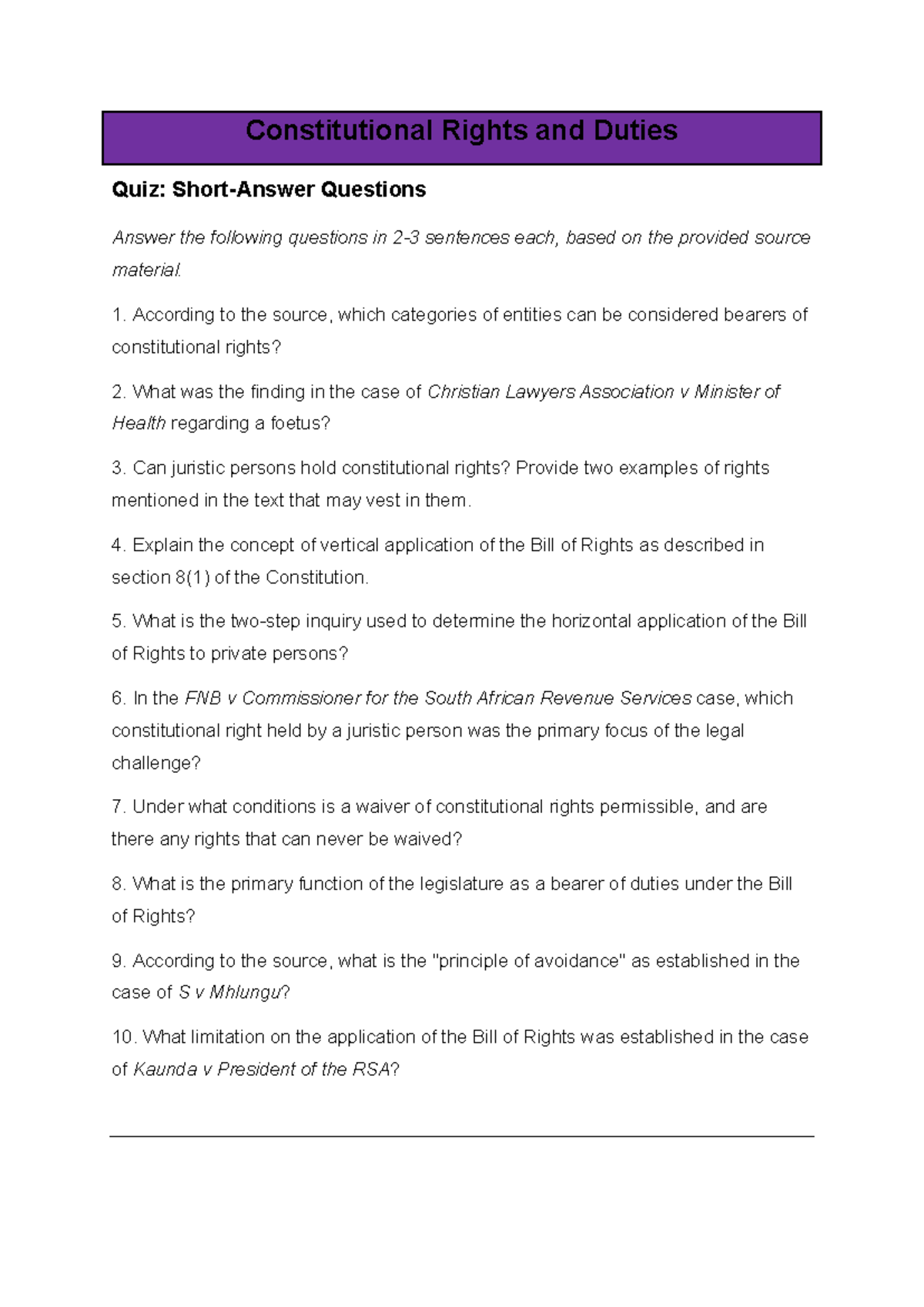 Constitutional Rights and Duties Quiz: Key Questions and Answers - Studocu