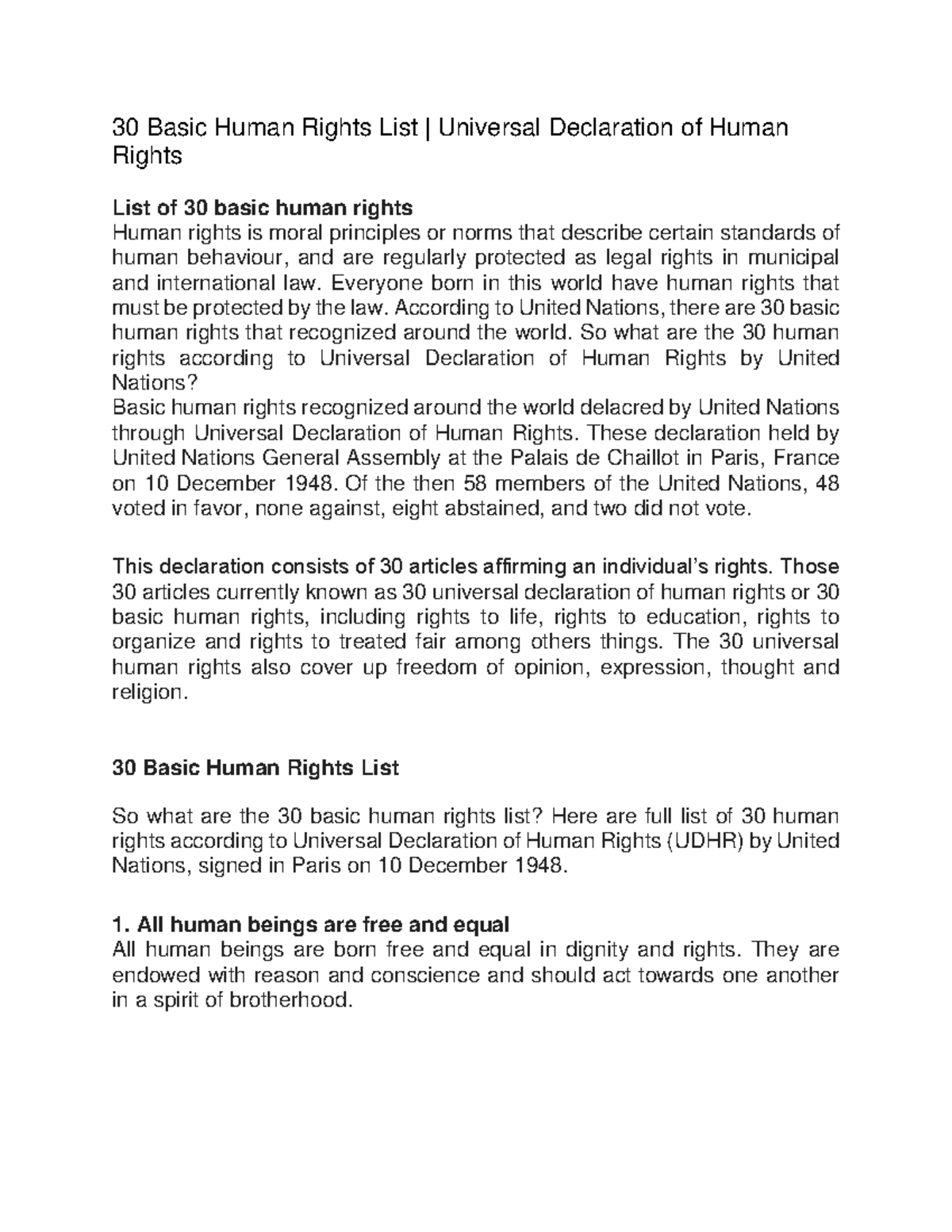 30 basic human rights list english - 30 Basic Human Rights List ...