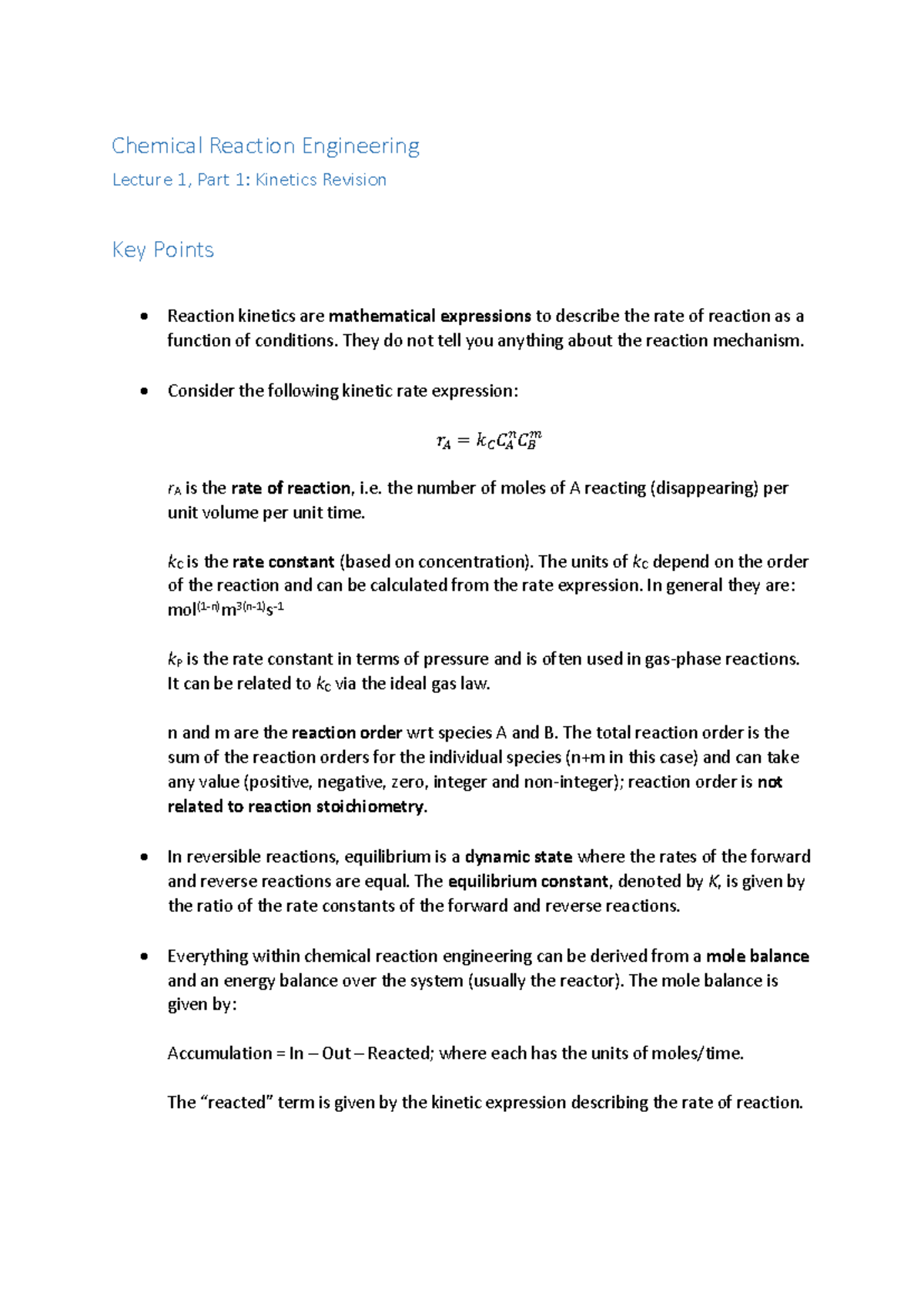 Chemical Reaction Engineering (CRE) Lecture 1: Kinetics Key Points ...