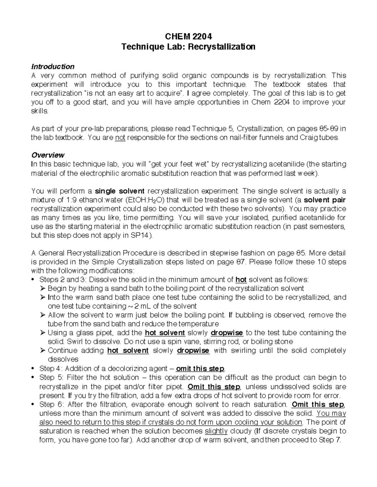 Recrystallization SII20 - CHEM 2204 Technique Lab: Recrystallization ...