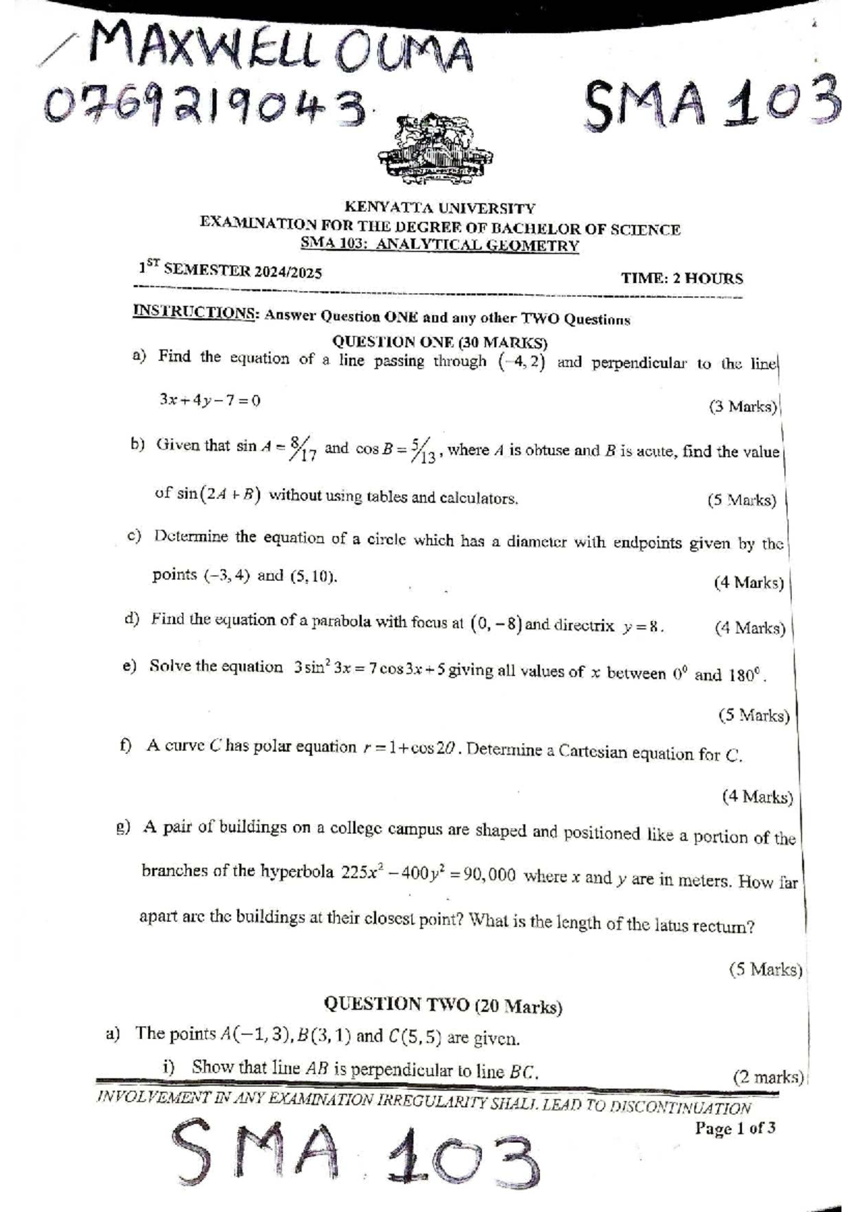 SMA 103: Analytical Geometry Past Exam Paper by Maxwell OUMA - Studocu