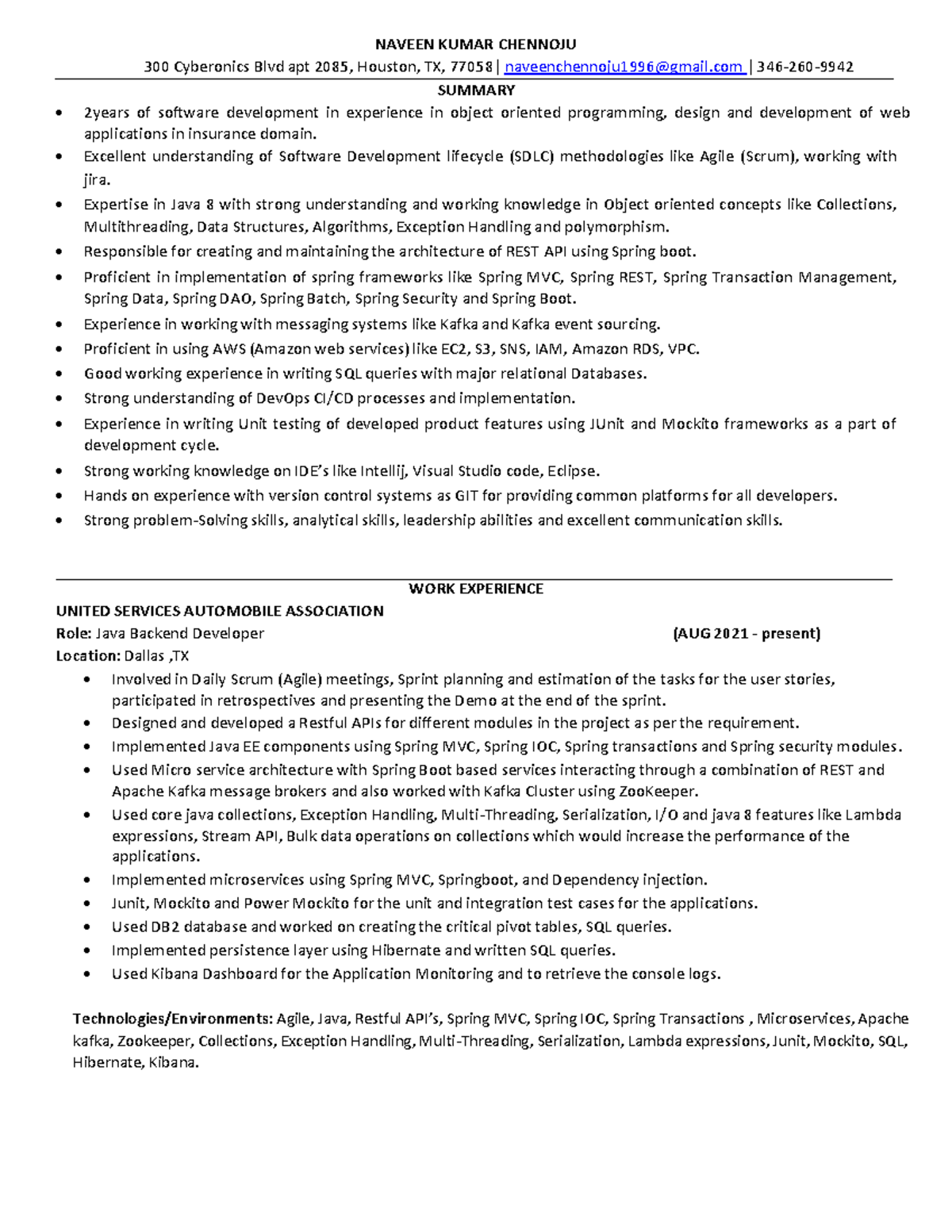 Naveenresume - Reusme - NAVEEN KUMAR CHENNOJU 300 Cyberonics Blvd apt ...