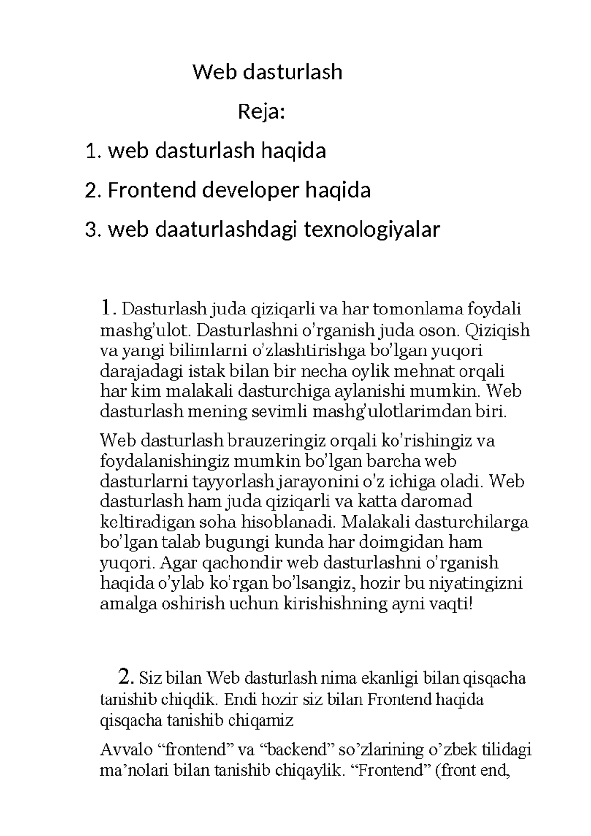 Web Dasturlash Bo'yicha Maqola: Frontend Texnologiyalari 101 - Studocu