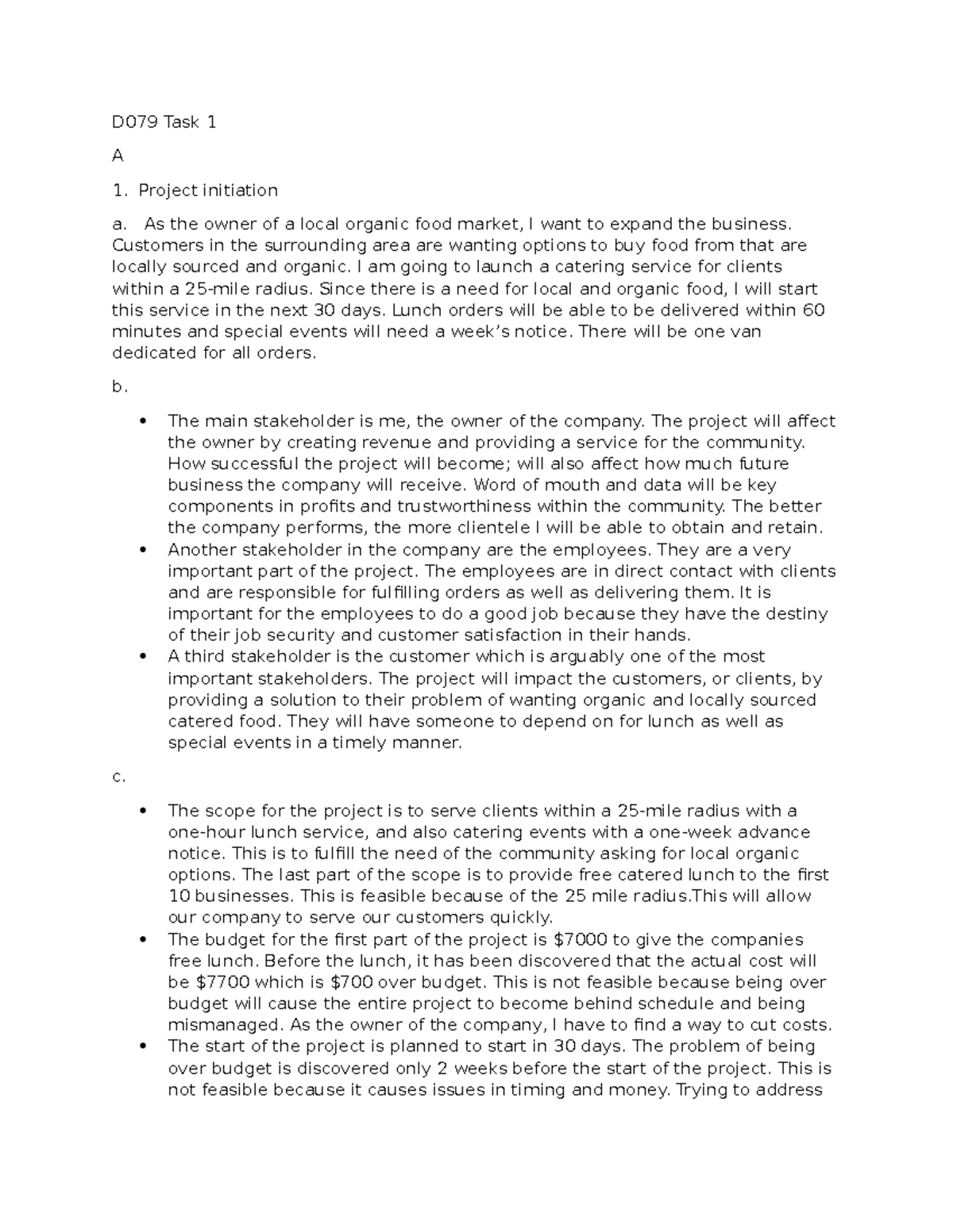 D079 Task 1: Project Initiation and Planning for Organic Catering ...