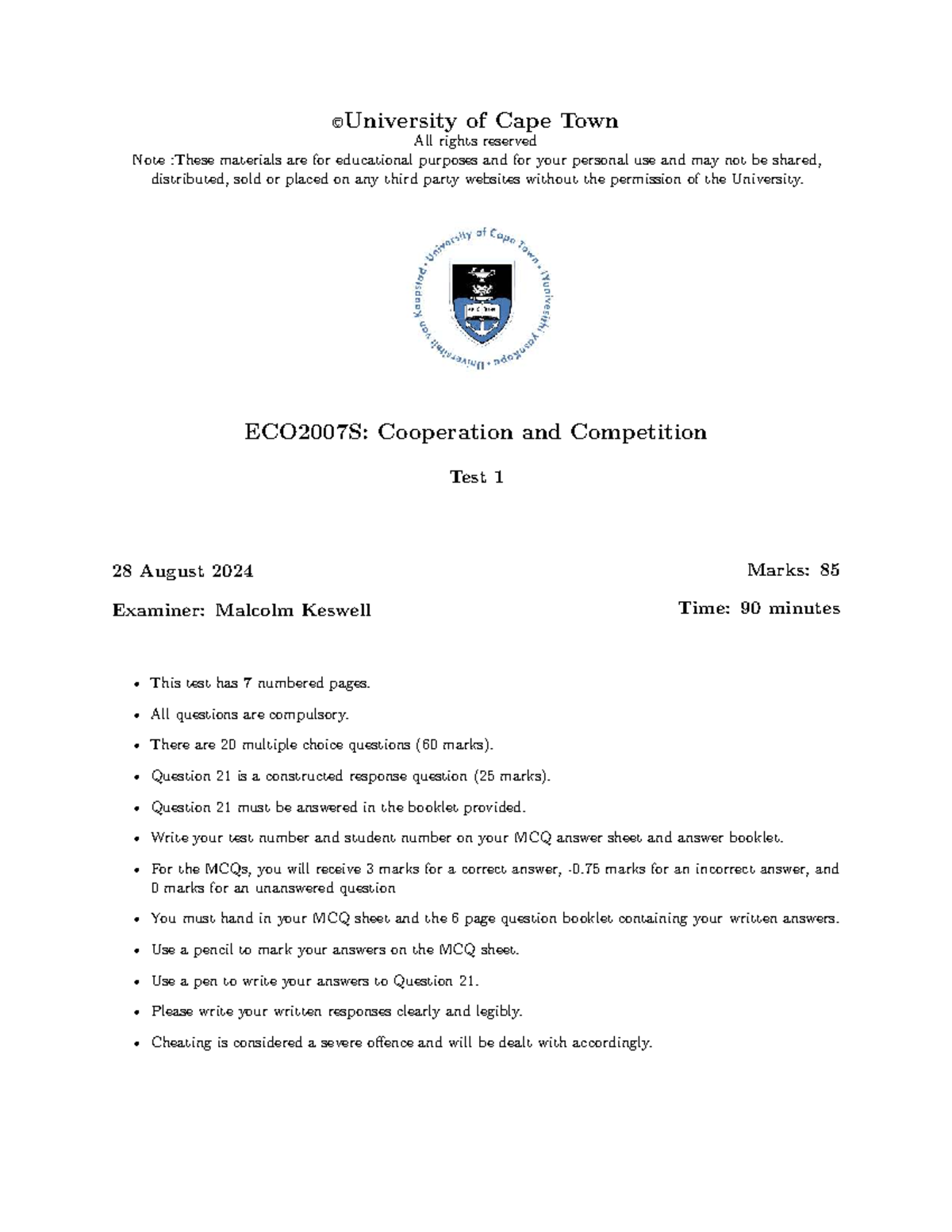 ECO2007S: Cooperation and Competition Test 1 - August 28, 2024 - Studocu