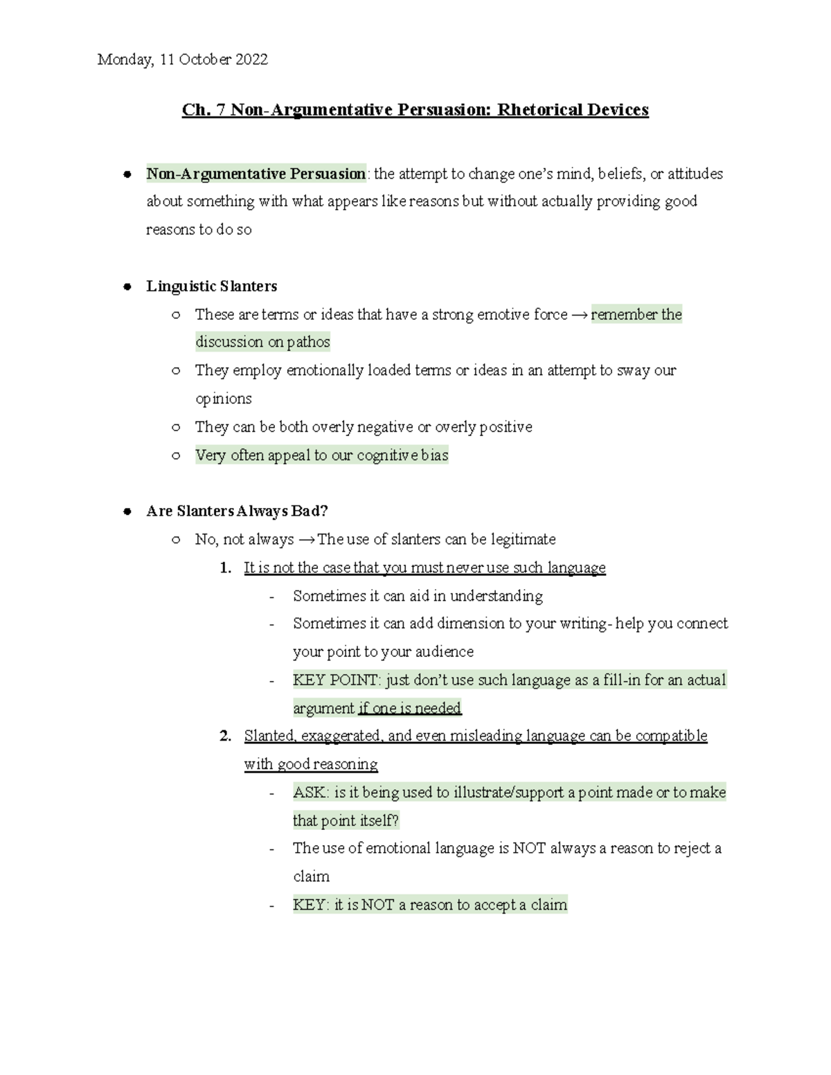 Ch. 7 Non-Argumentative Persuasion: Rhetorical Devices Overview - Studocu
