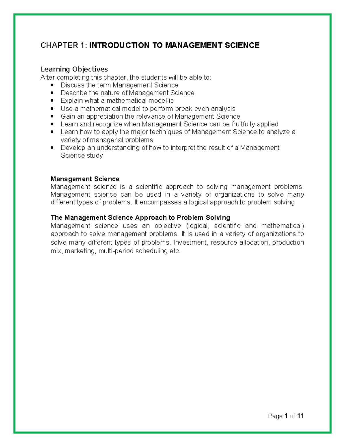 MGT 111 Chapter 1: Introduction to Management Science Overview - Studocu