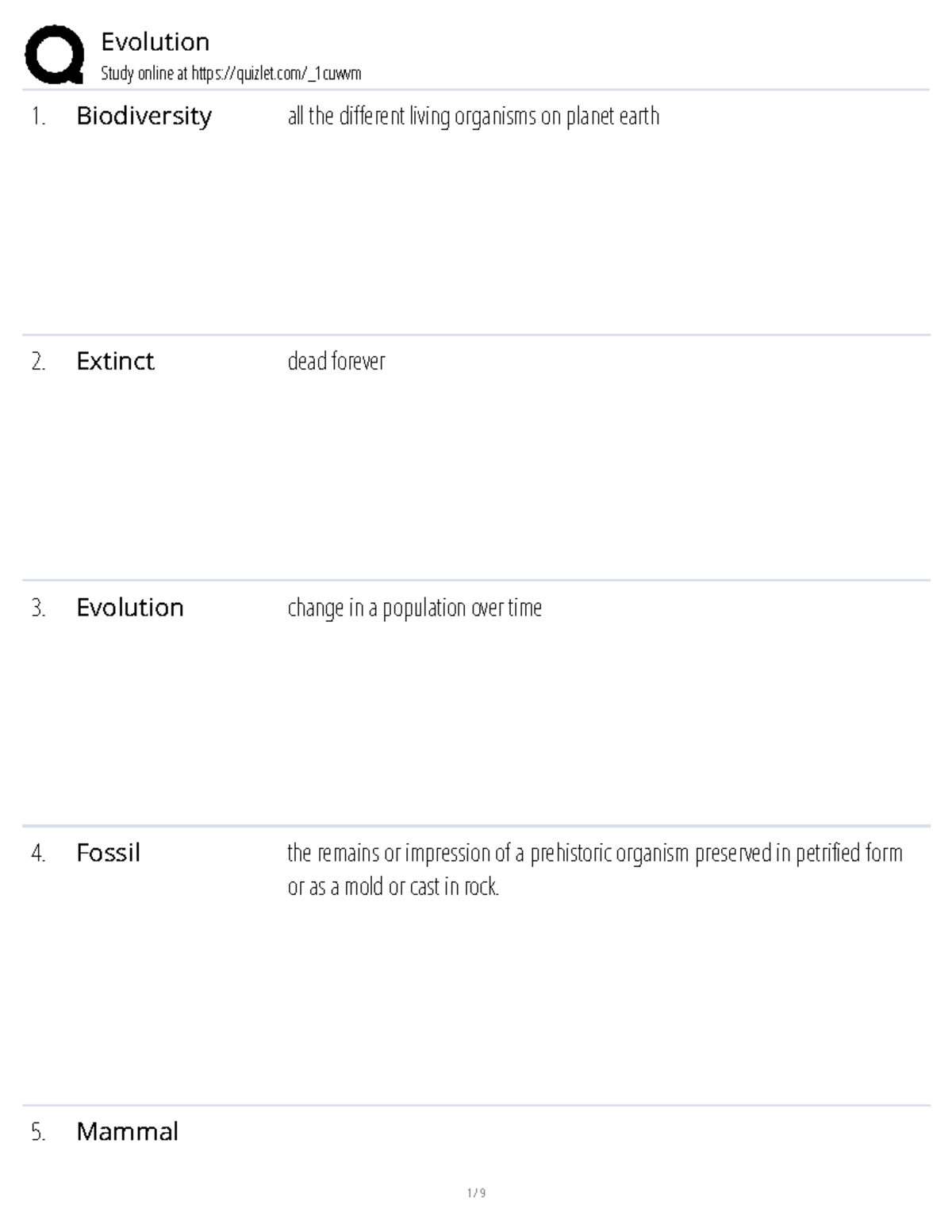 Evolution Concepts and Terminology Notes for Biology 101 - Study online ...