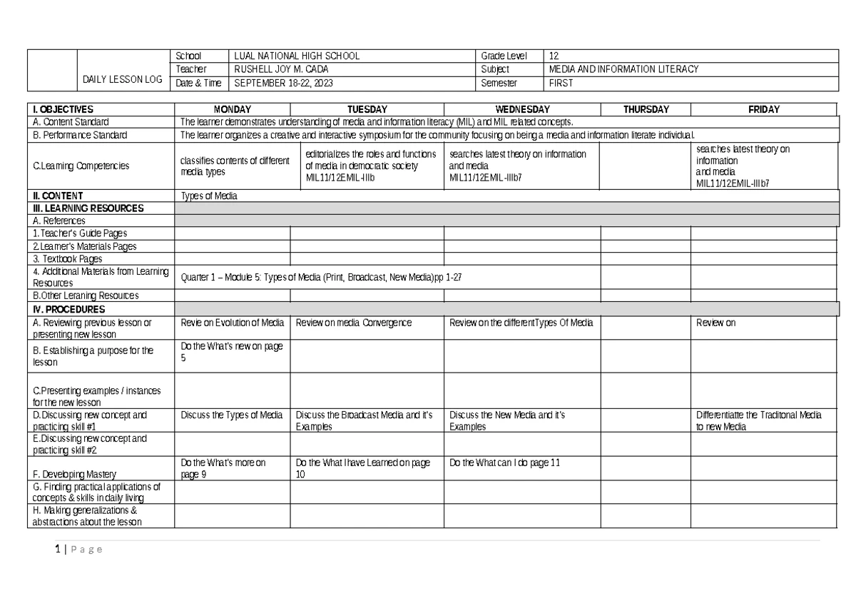 DAILY LESSON PLAN: Media and Information Literacy (MIL) - 3rd Quarter ...