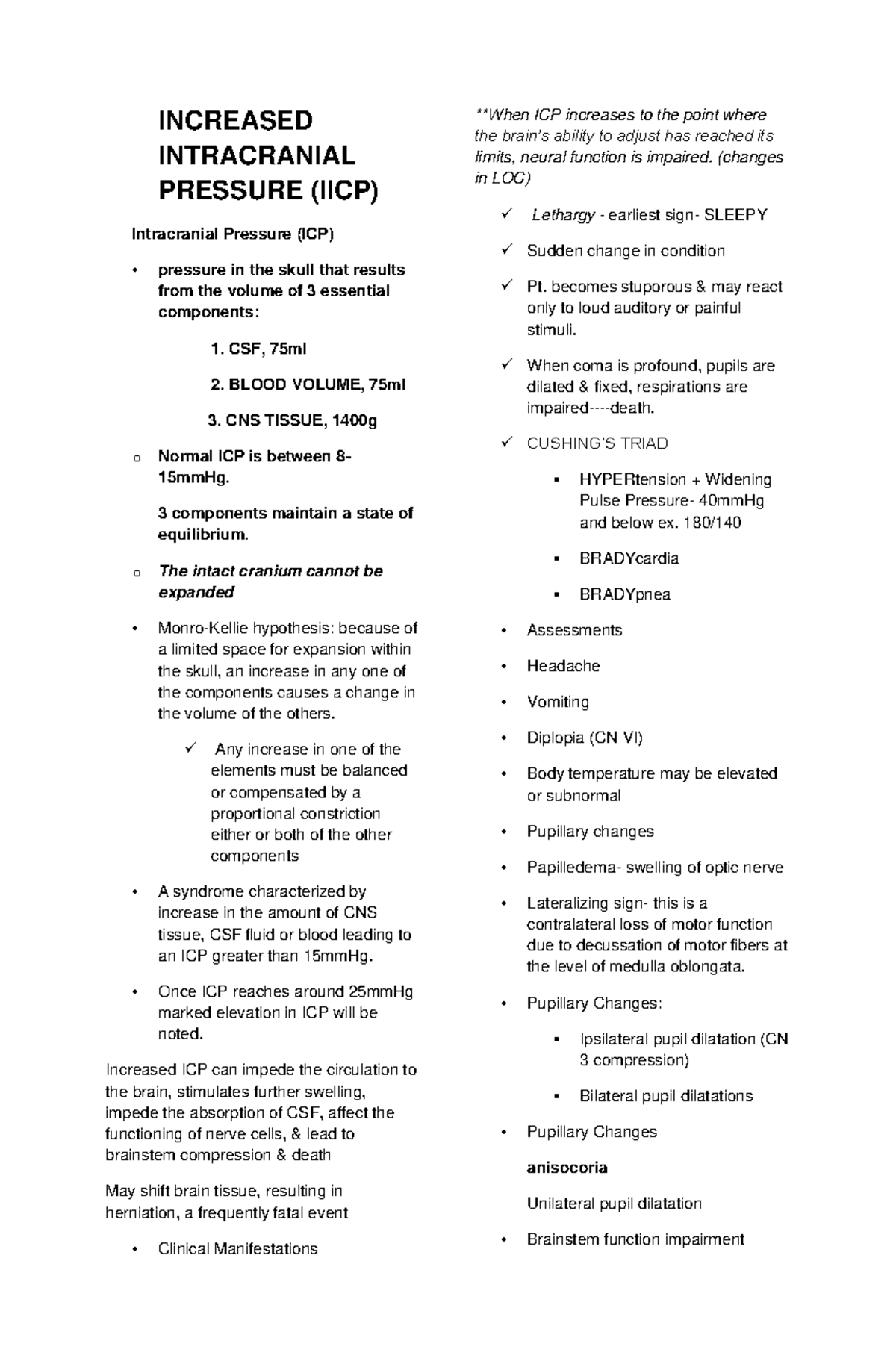 Neuro (2)- Intracranial Pressure - INCREASED INTRACRANIAL PRESSURE ...