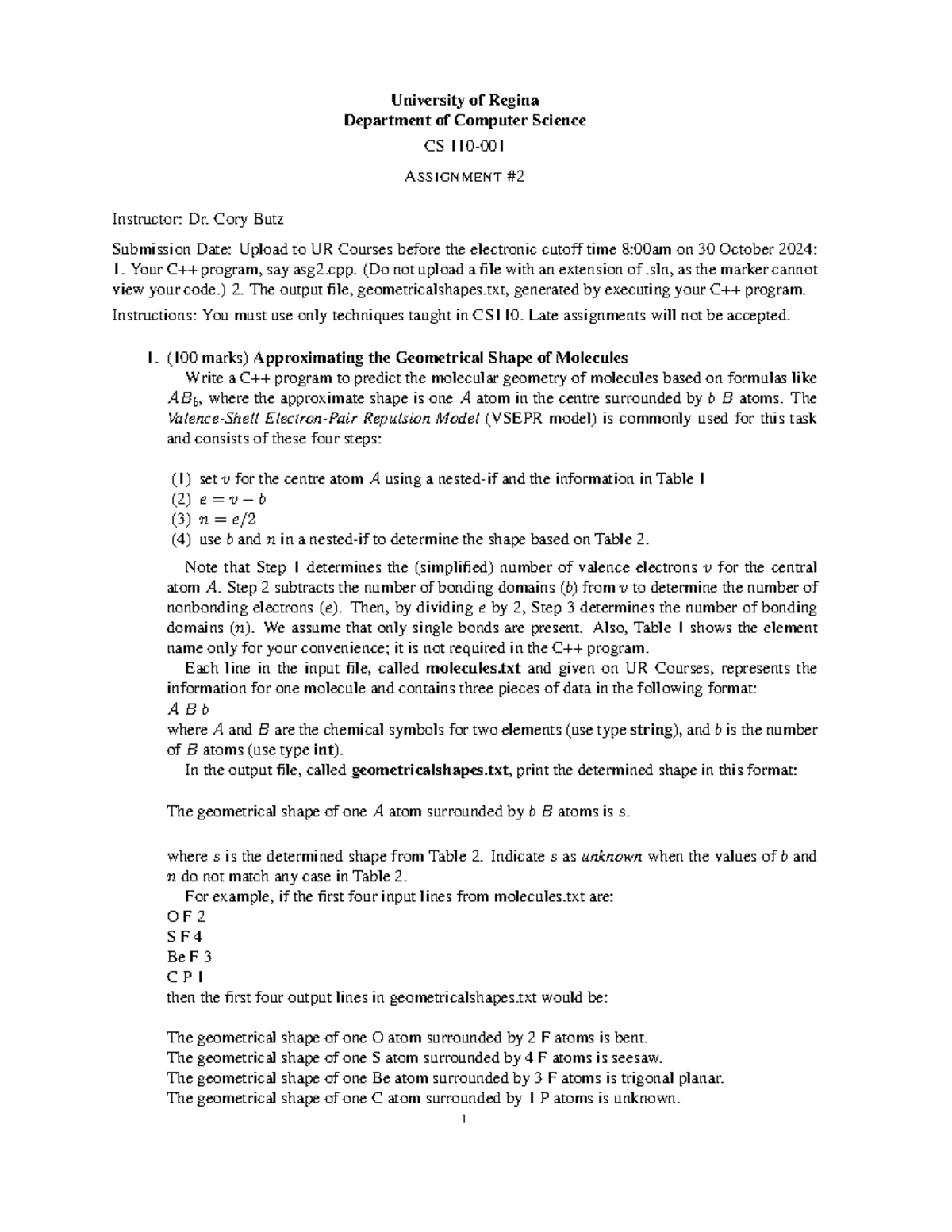 CS110-202430-A2 - Assignment 2 coding - University of Regina Department of Computer Science CS ...
