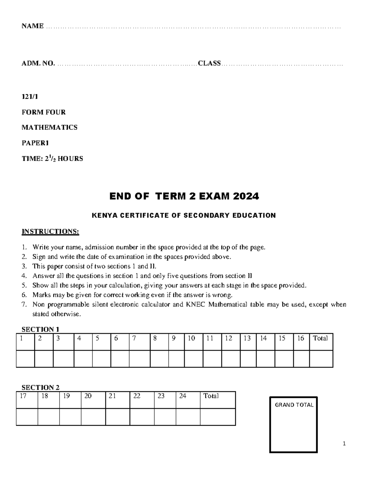 Chania Form 4 Mathematics Paper 1 Term 2 Exam 2024 - Studocu