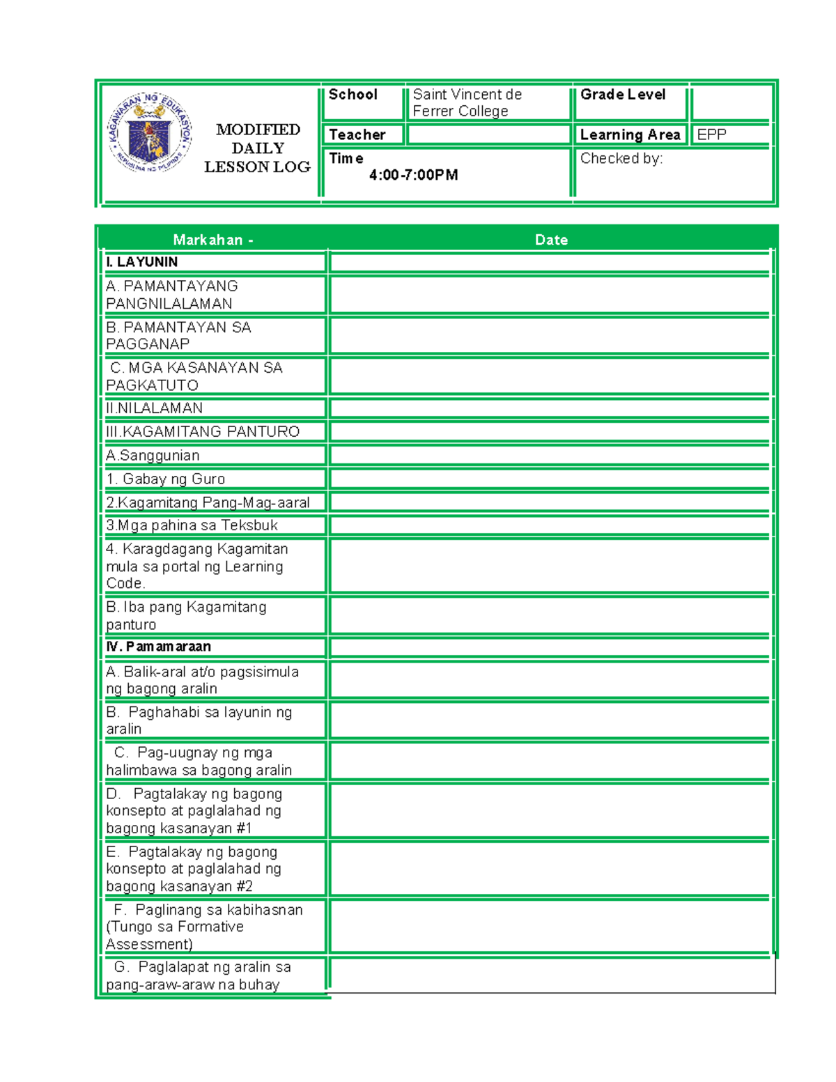 EPP-LP- Template - MODIFIED DAILY LESSON LOG School Saint Vincent de ...