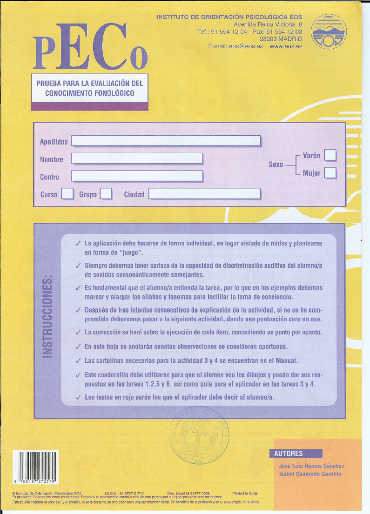 Protocolo PECO - Evaluación del Conocimiento Fonológico en Prueba - Studocu