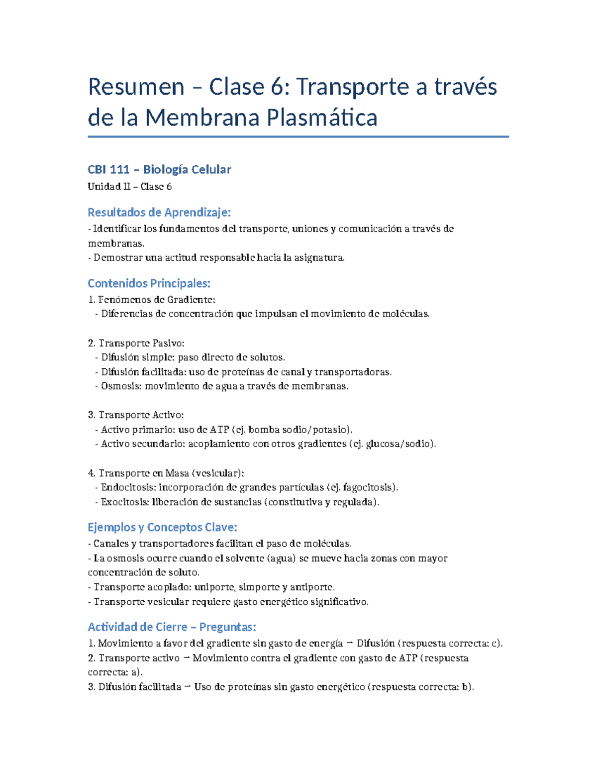 Resumen Clase 6: Transporte a través de la Membrana Plasmática CBI ...