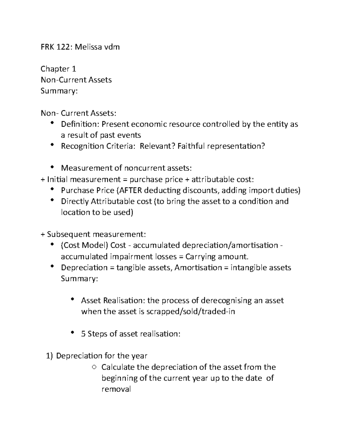 FRK 122: Chapter 1 Summary on Non-Current Assets and Impairment - Studocu