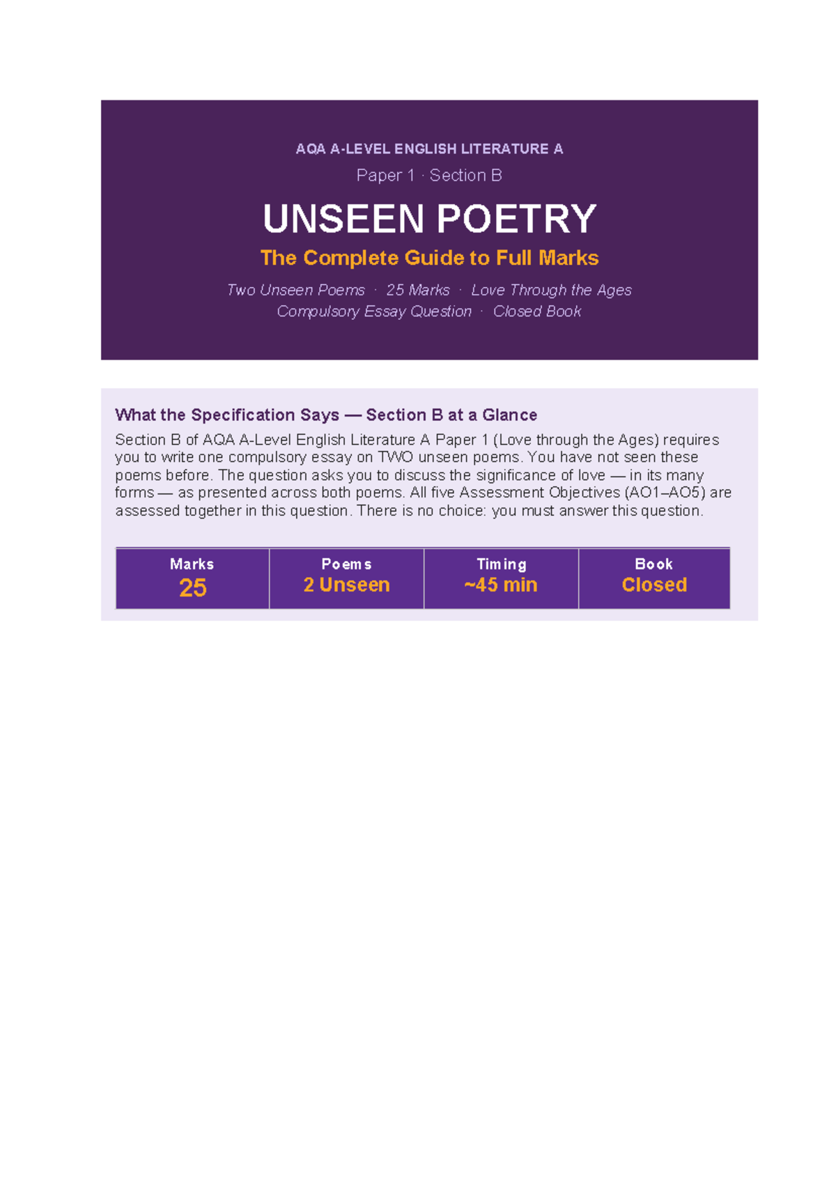 AQA A-Level English Literature A Paper 1 Unseen Poetry Guide - Studocu