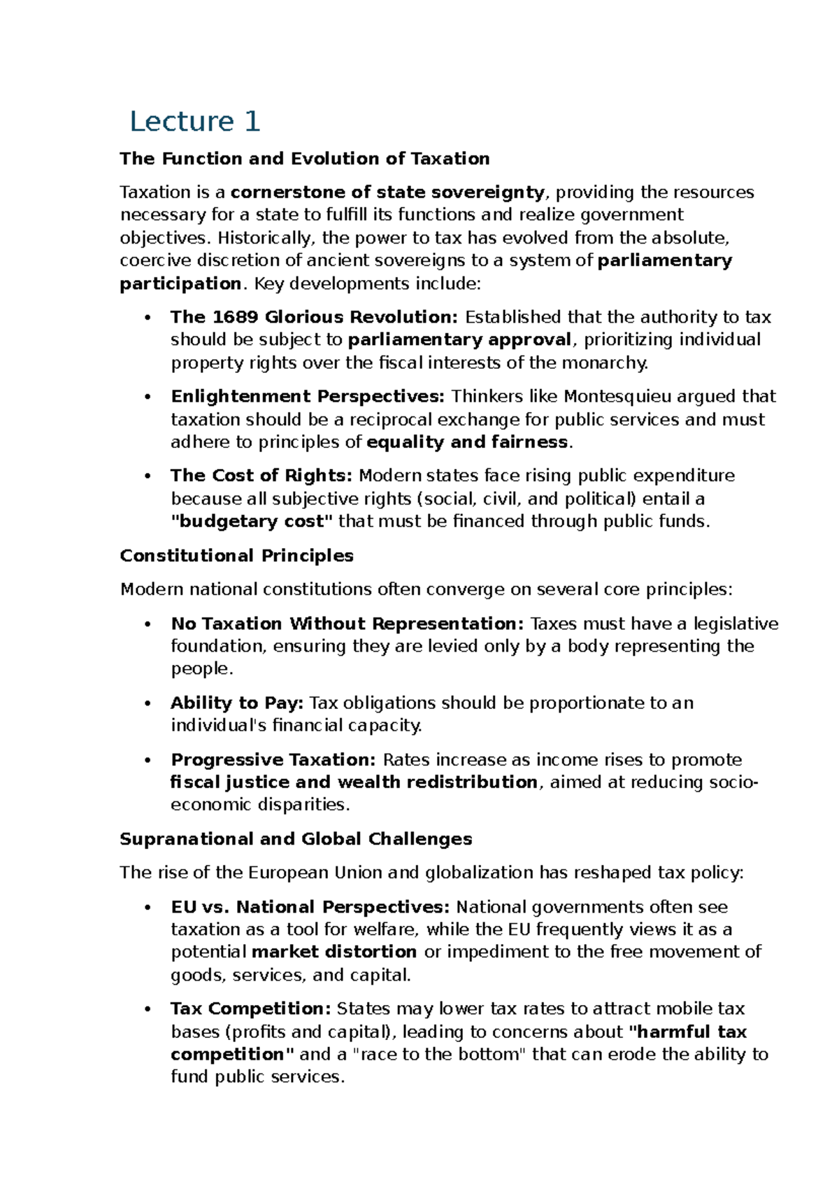 INT 101: Lecture Notes on the Function and Evolution of Taxation - Studocu