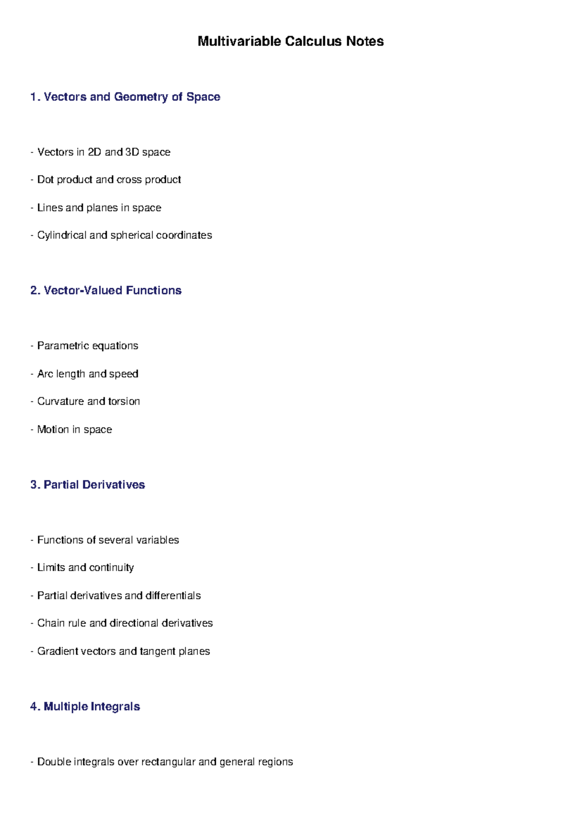 Multivariable Calculus Notes: Vectors, Functions, and Integrals - Studocu