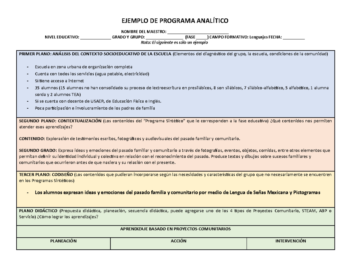 Ejemplo de Programa Analítico para Segundo Grado en Educación Primaria ...