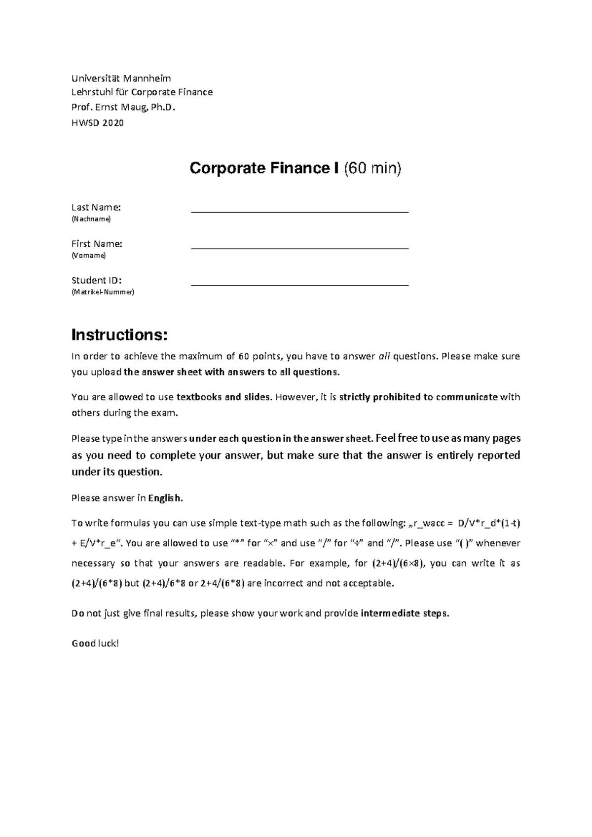 CF I - Mock Exam HWS2020 Version 2: Corporate Finance I Review - Studocu