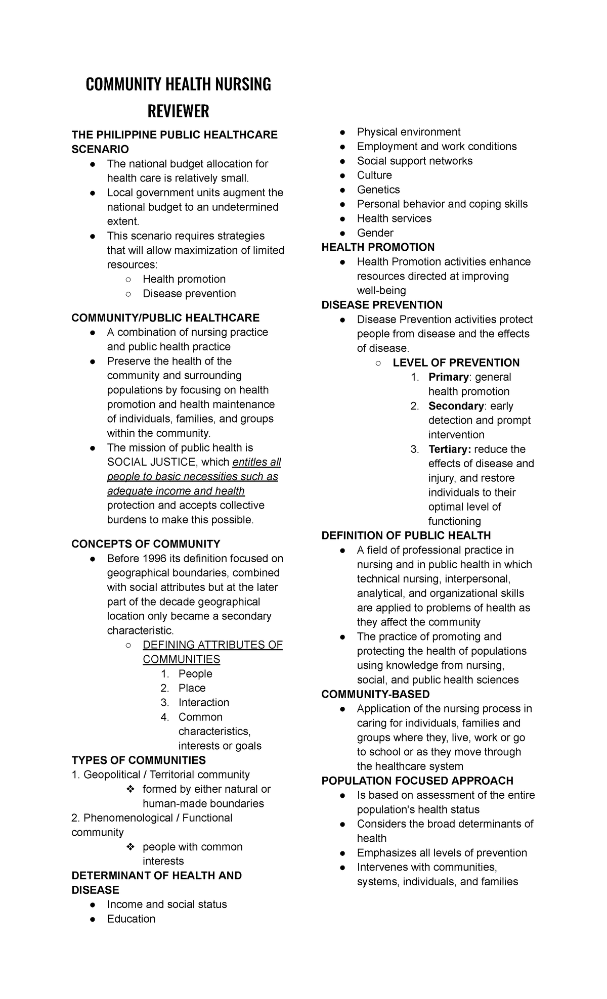 Community Health Nursing Key Concepts and Strategies Reviewer - Studocu