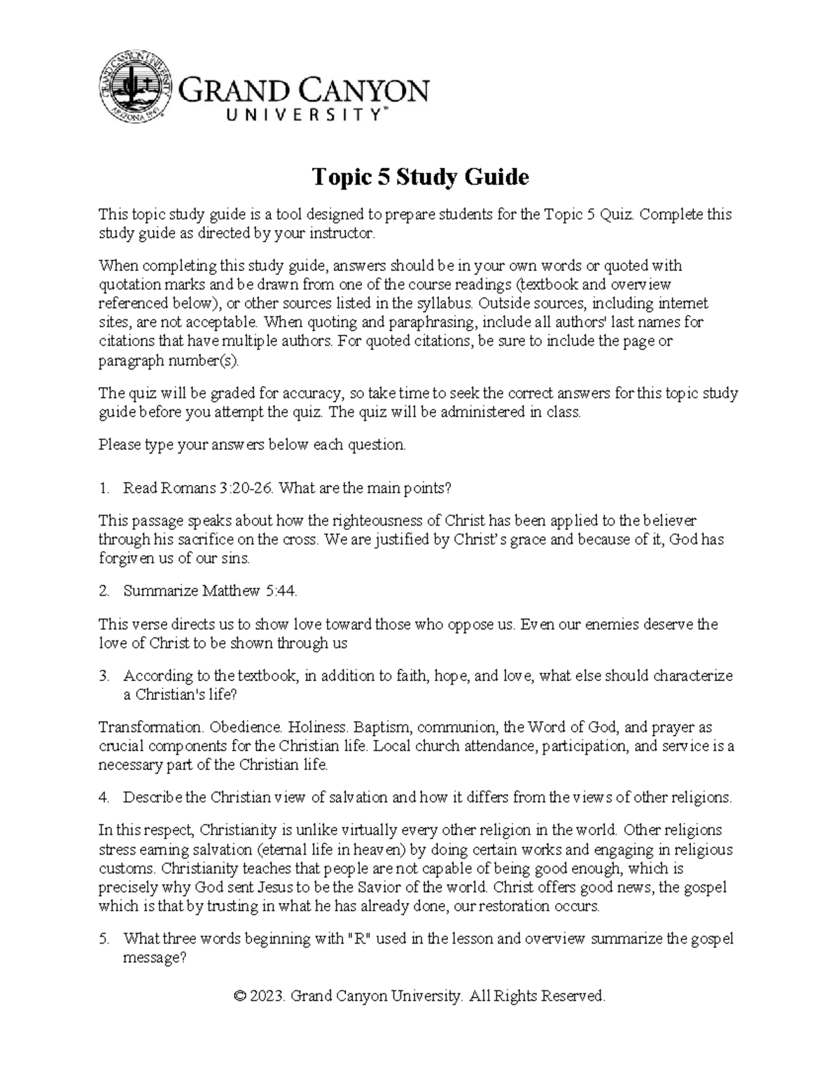 CWV 101 301 RS T5 Quiz Study Guide on Key Christian Concepts - Studocu