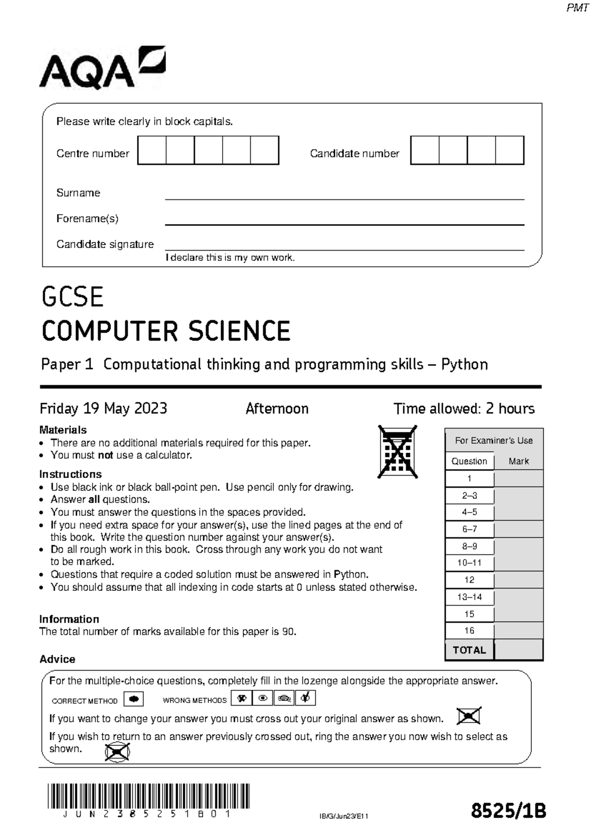 June 2023 QP - Paper 1B AQA Computer Science GCSE - Jun2385251B01 IB/G/Jun23/E11 8525/1B For ...