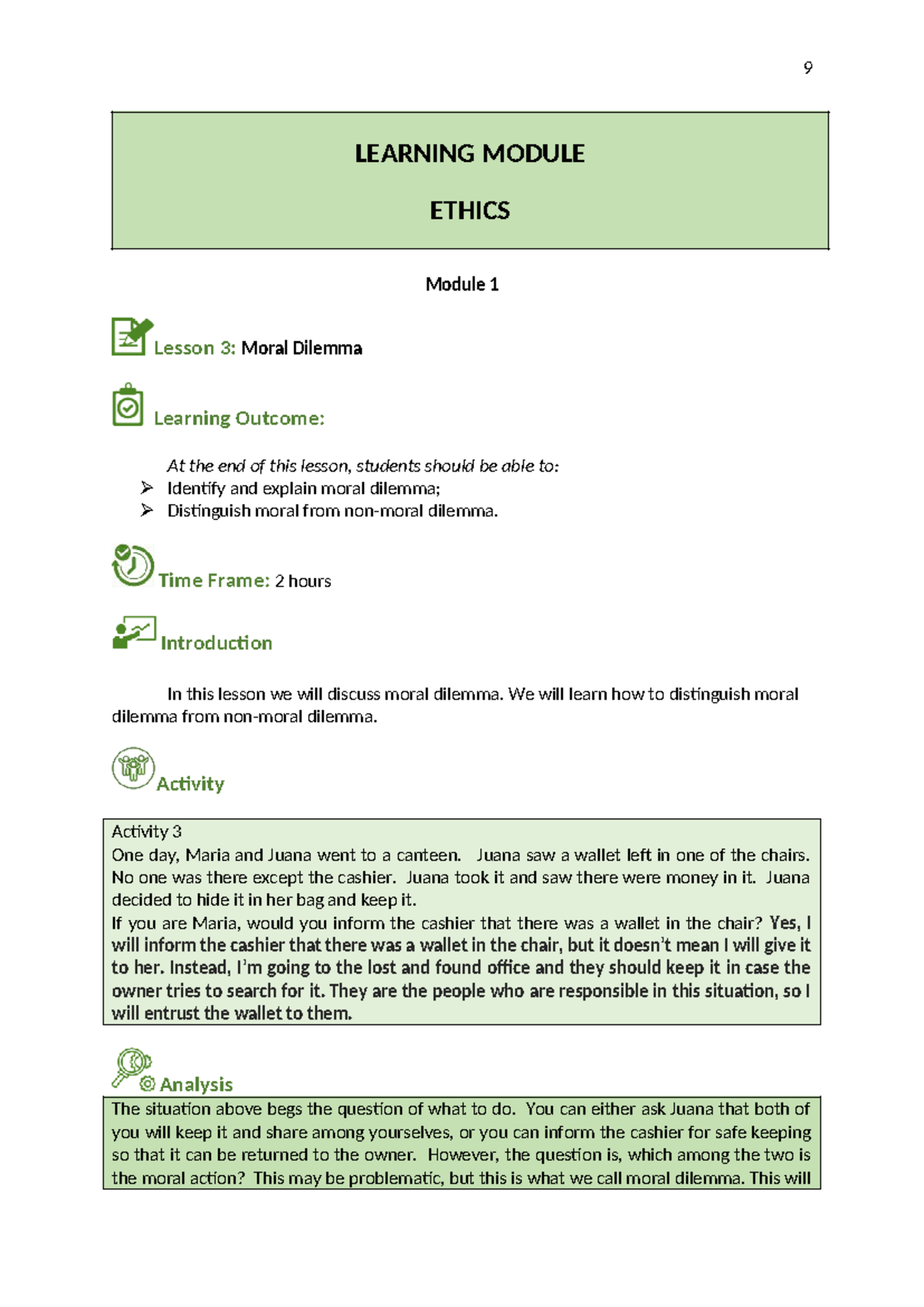 9 LEARNING MODULE ETHICS: Module 1 Lesson 3 - Understanding Moral ...