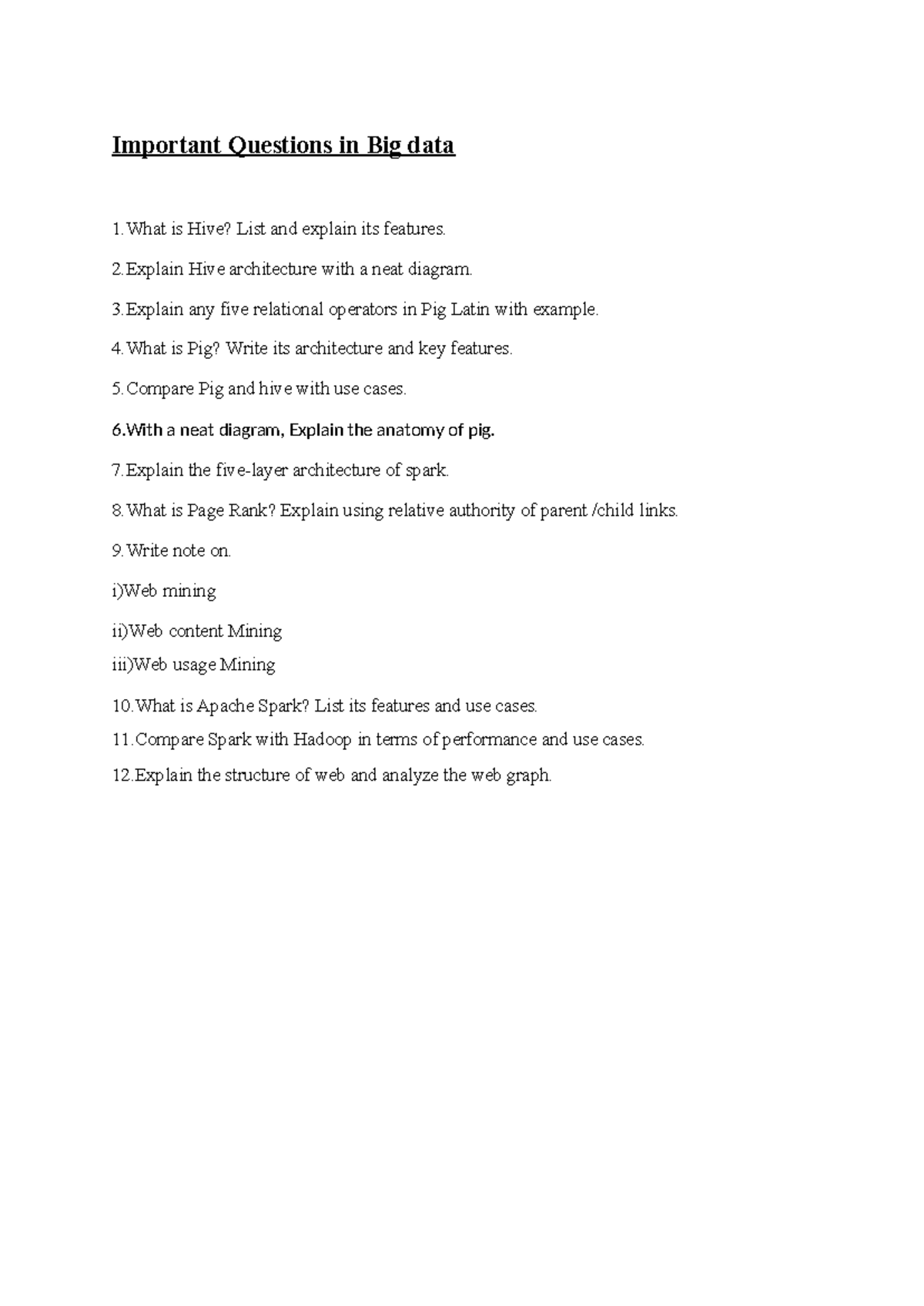 Important Questions in Big Data: Key Concepts & Comparisons - Studocu