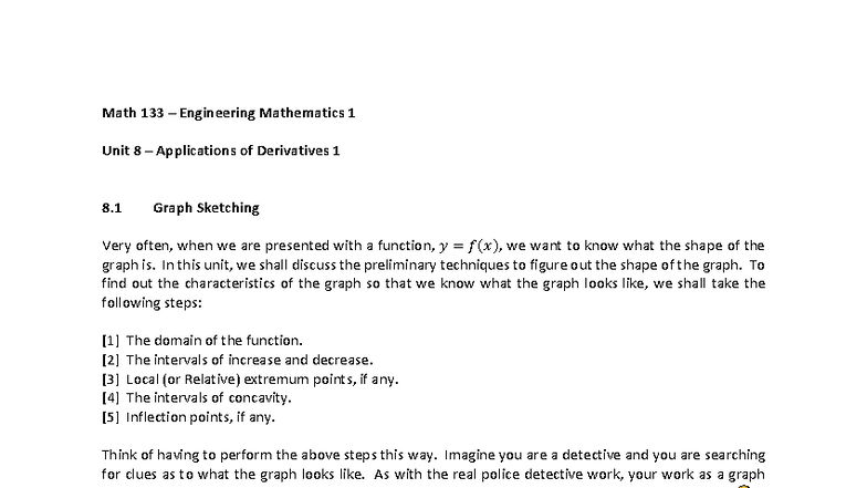 Math 133 - Unit 8 Applications of Derivatives 1 - Math 133 ...