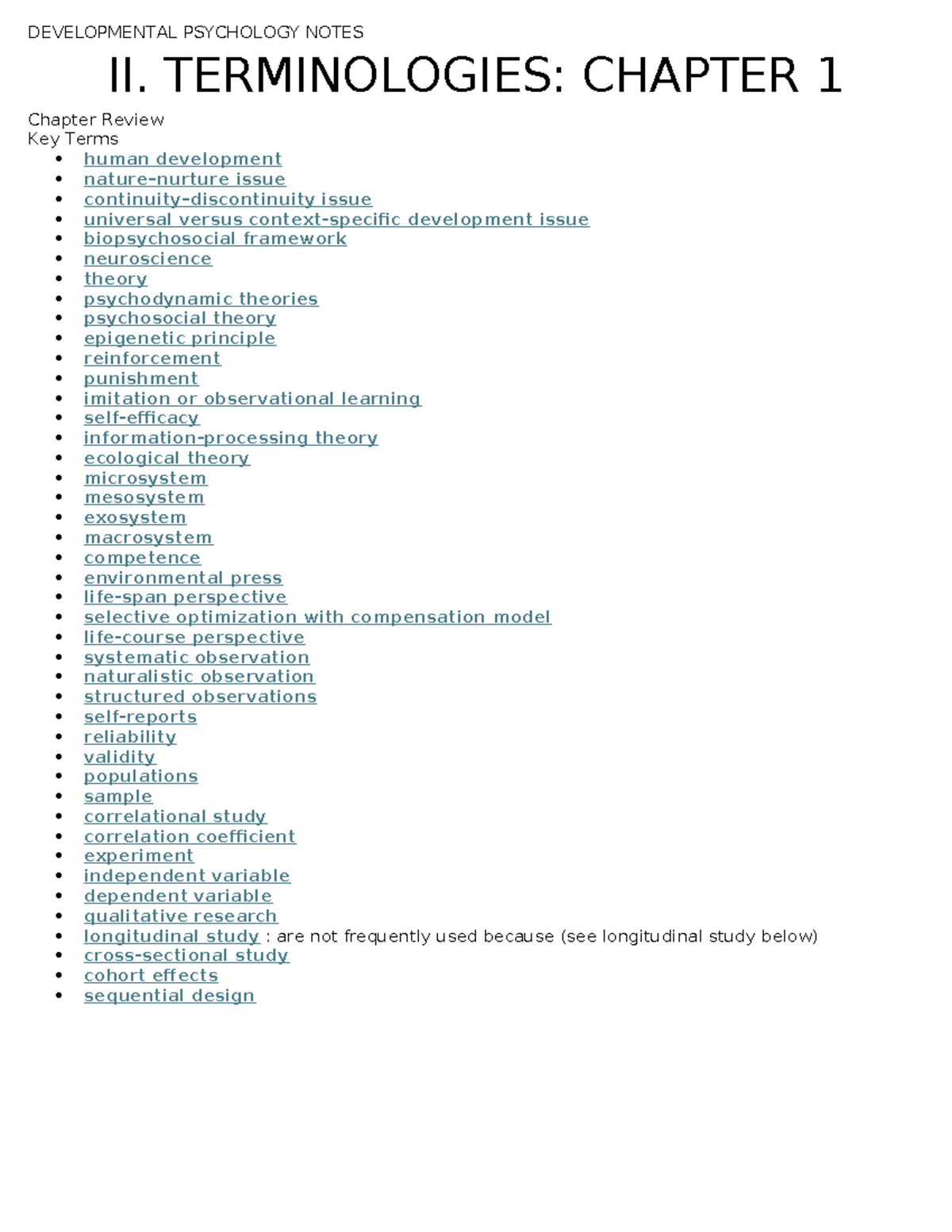 DEV PSYCH 101: CHAPTER 1 TERMINOLOGIES & KEY CONCEPTS REVIEW - Studocu