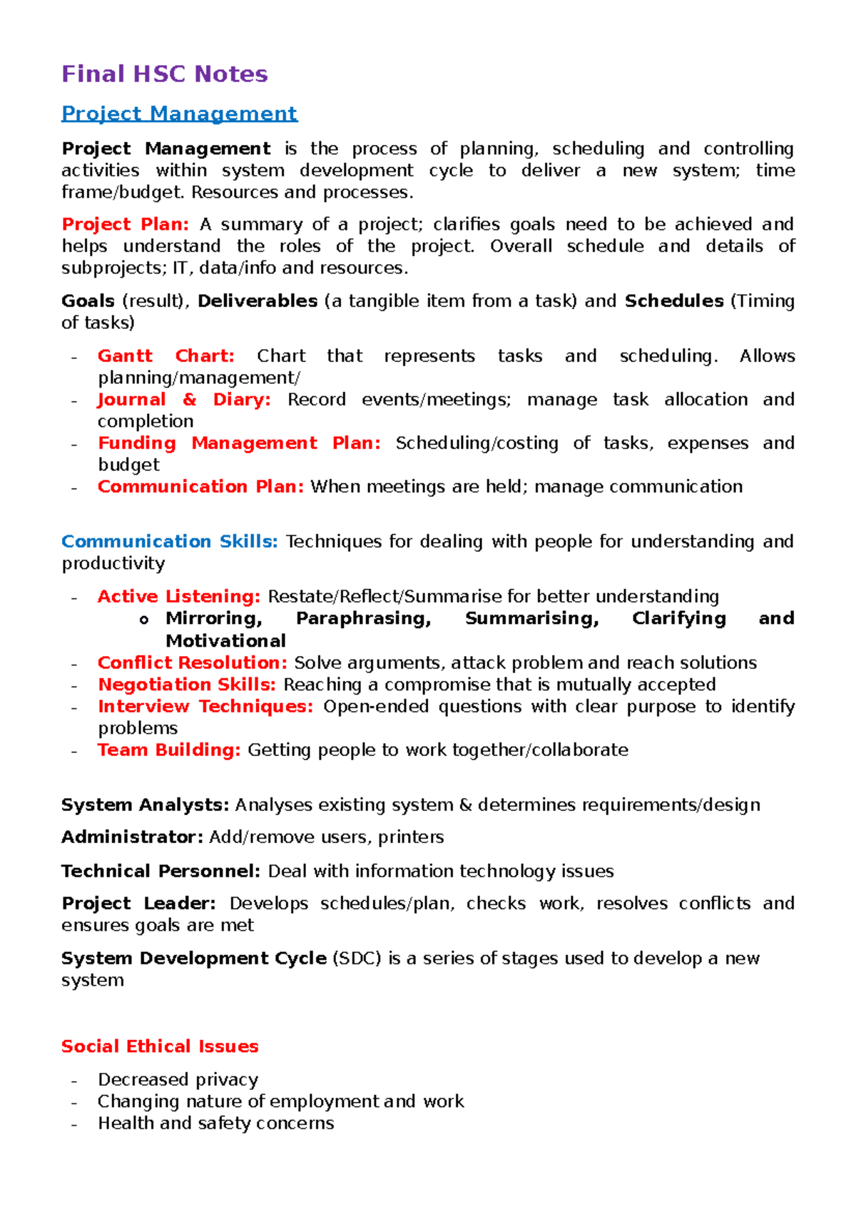 IPT Notes - Final HSC Notes Project Management Project Management is ...