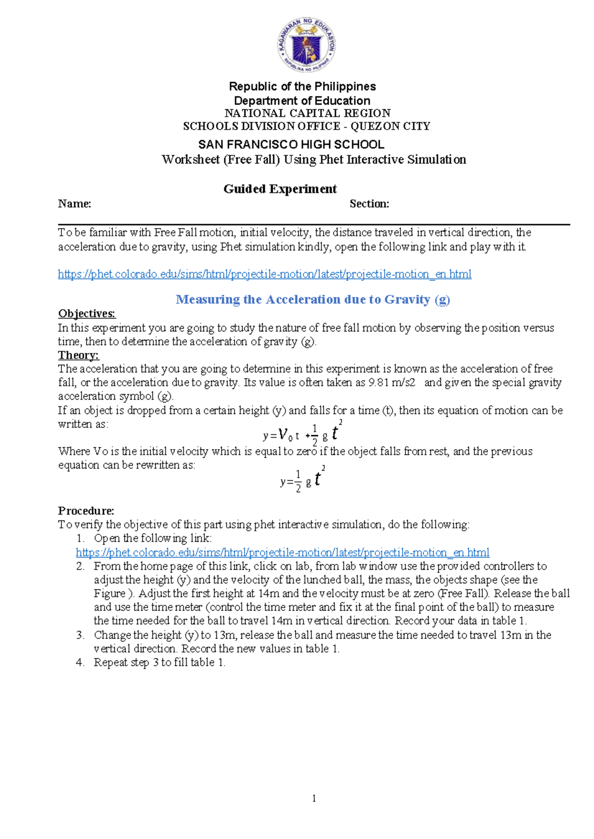 Q4 - LAS Guided Experiment: Free Fall Motion Using Phet Simulation ...