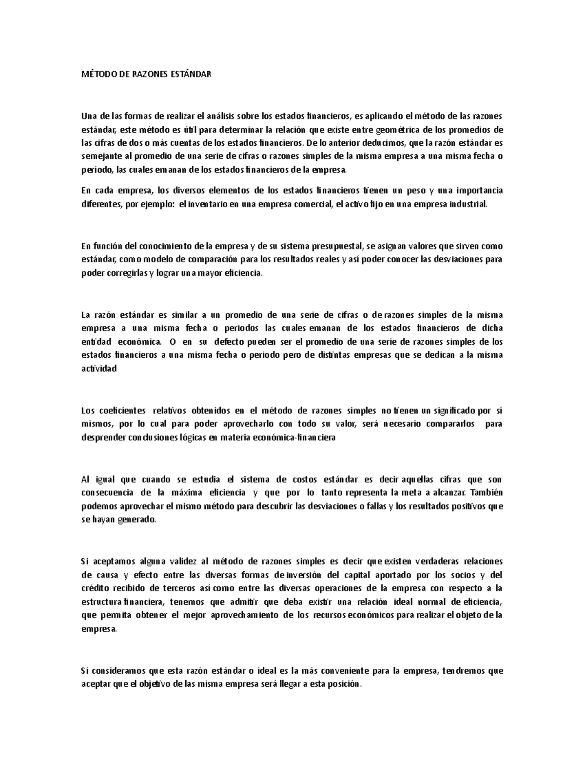 Método de Razones Estándar y Análisis de Ratios Financieros - Studocu