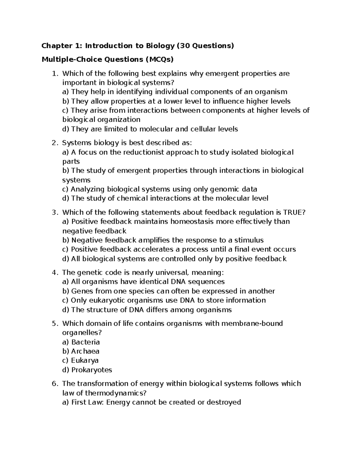 Chapter 1 & 2 Biology MCQs and Practice Questions - Studocu
