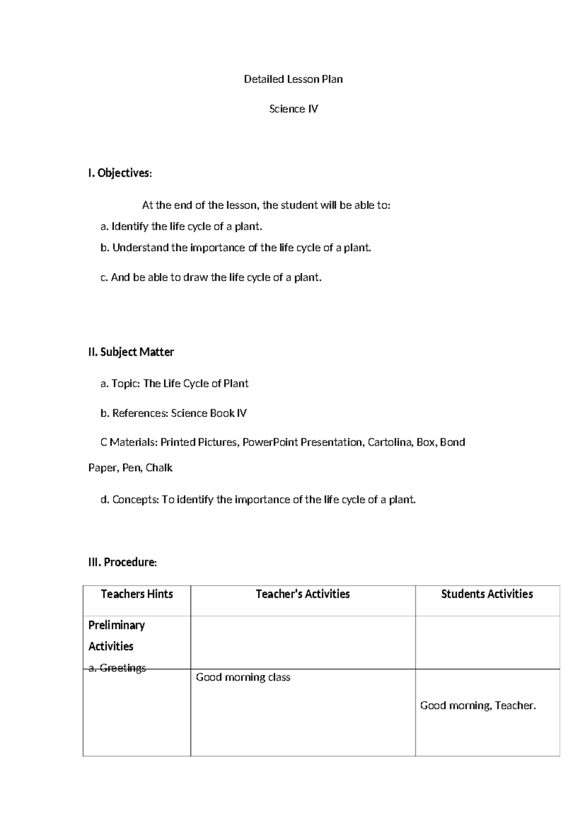 Detailed Lesson Plan: Plant Life Cycle (Science IV) - Studocu