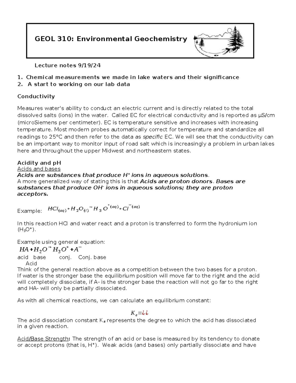 GEOL 310: Environmental Geochemistry - Lecture Notes on Lake Studies ...