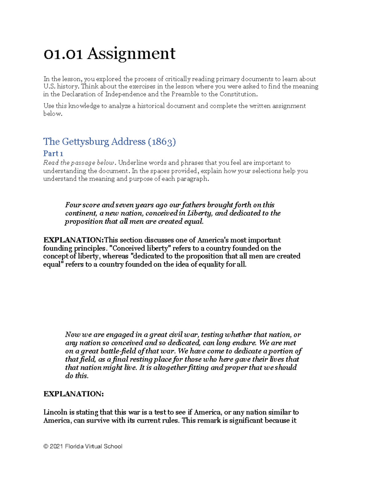 U.S. History A - 01 Assignment: Analyzing the Gettysburg Address - Studocu