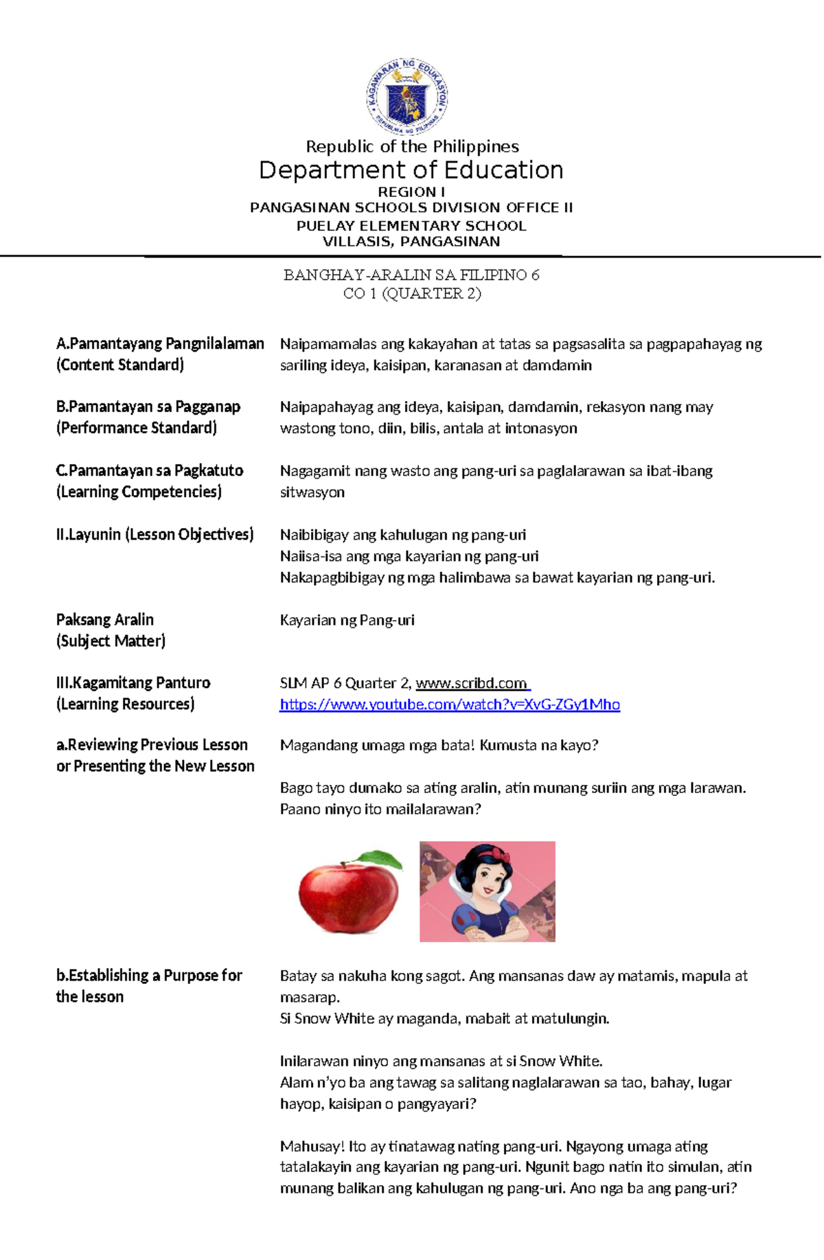 Filipino 6 CO 1 (Quarter 2) Lesson on Descriptive Structures - Studocu