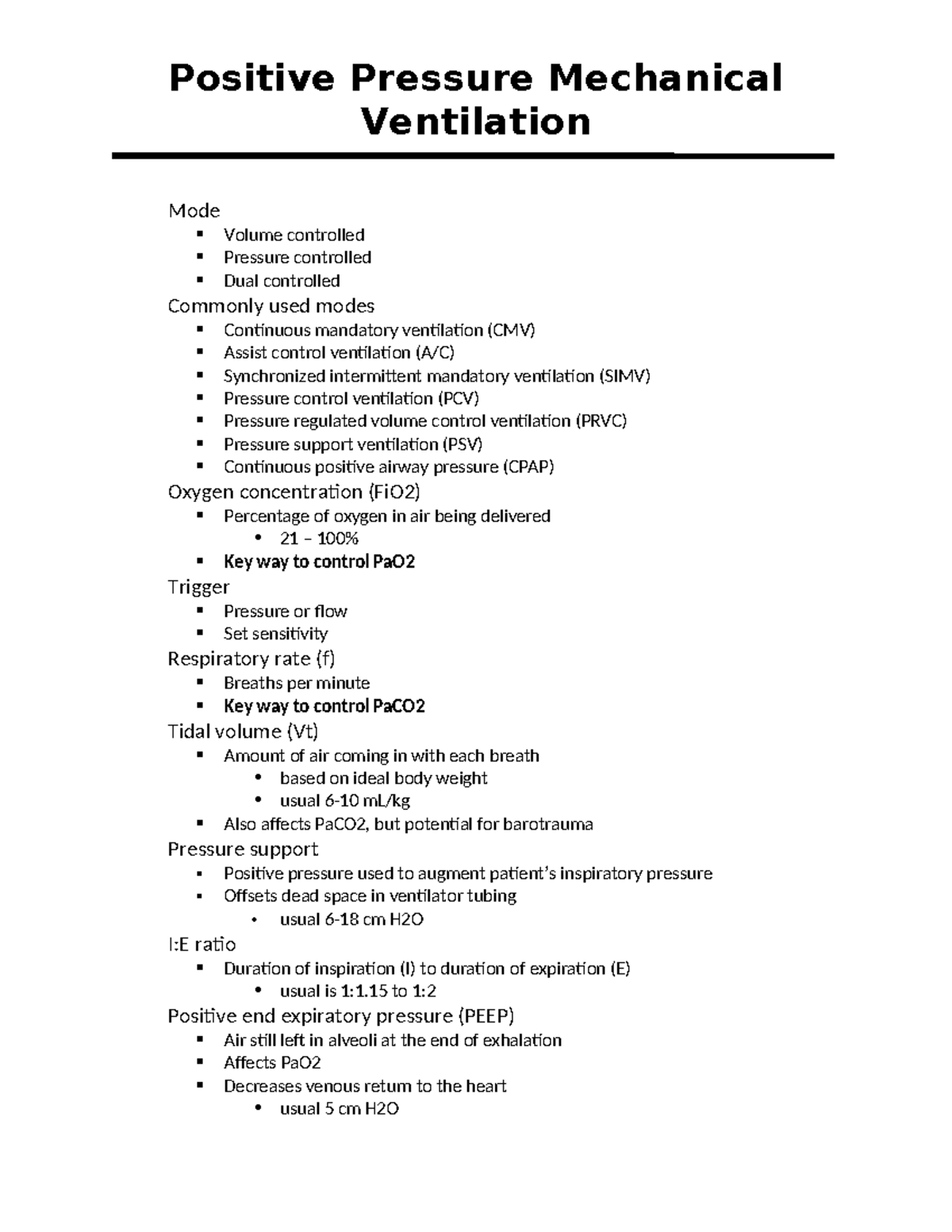 Positive Pressure Mechanical Ventilation Cheat Sheet (CMV, SIMV, PSV ...