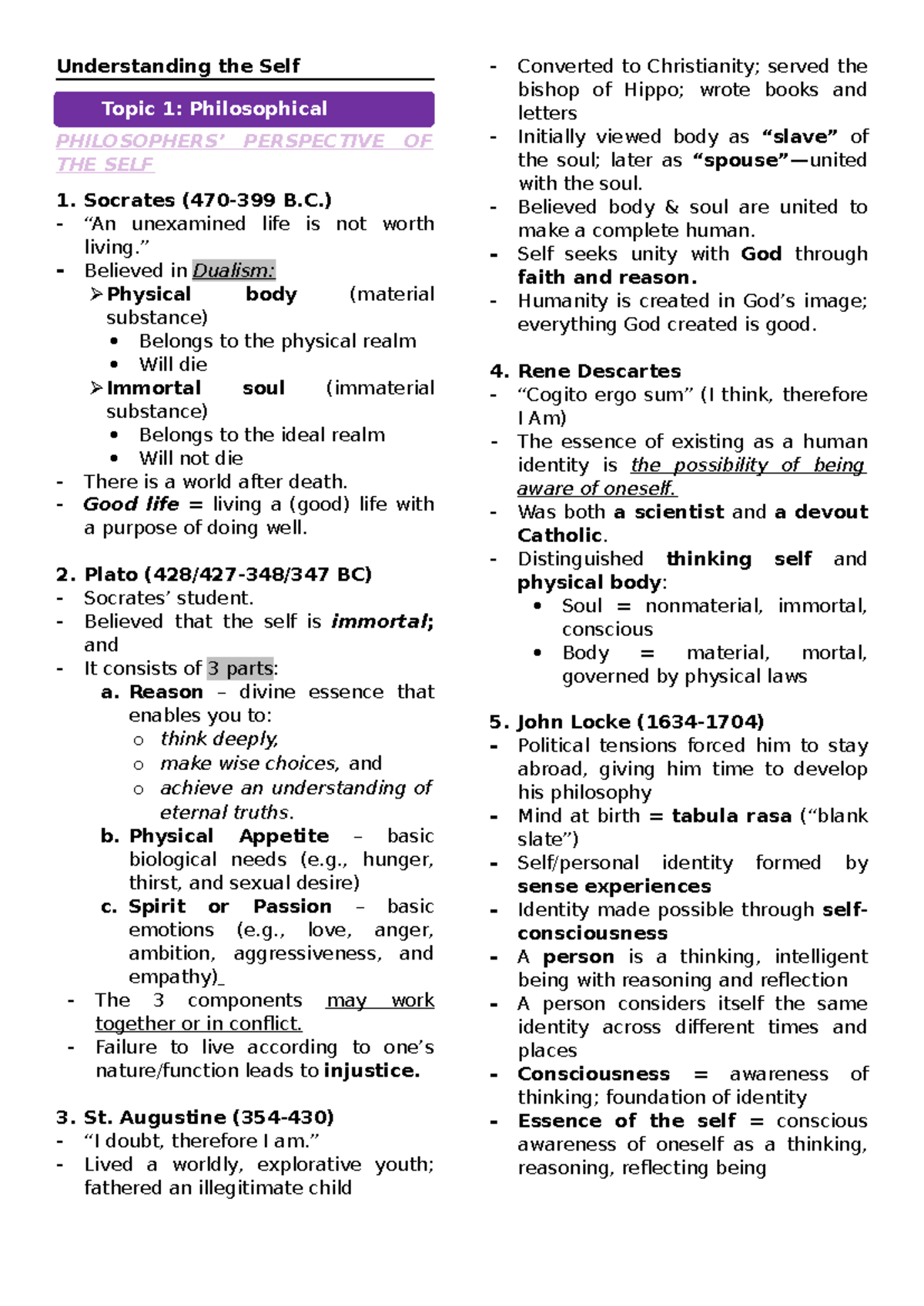 Understanding the Self: Philosophical Perspectives (Prelim Review ...
