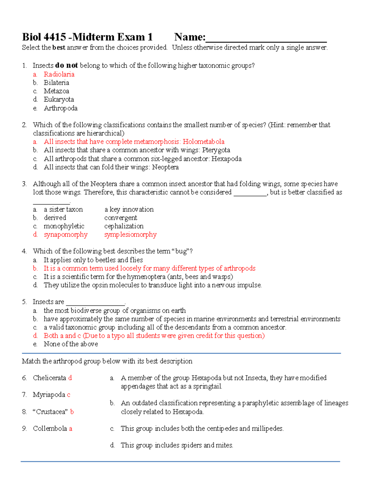 Biol 4415 Entomology Exam 1 Key: Answers & Explanations - Studocu